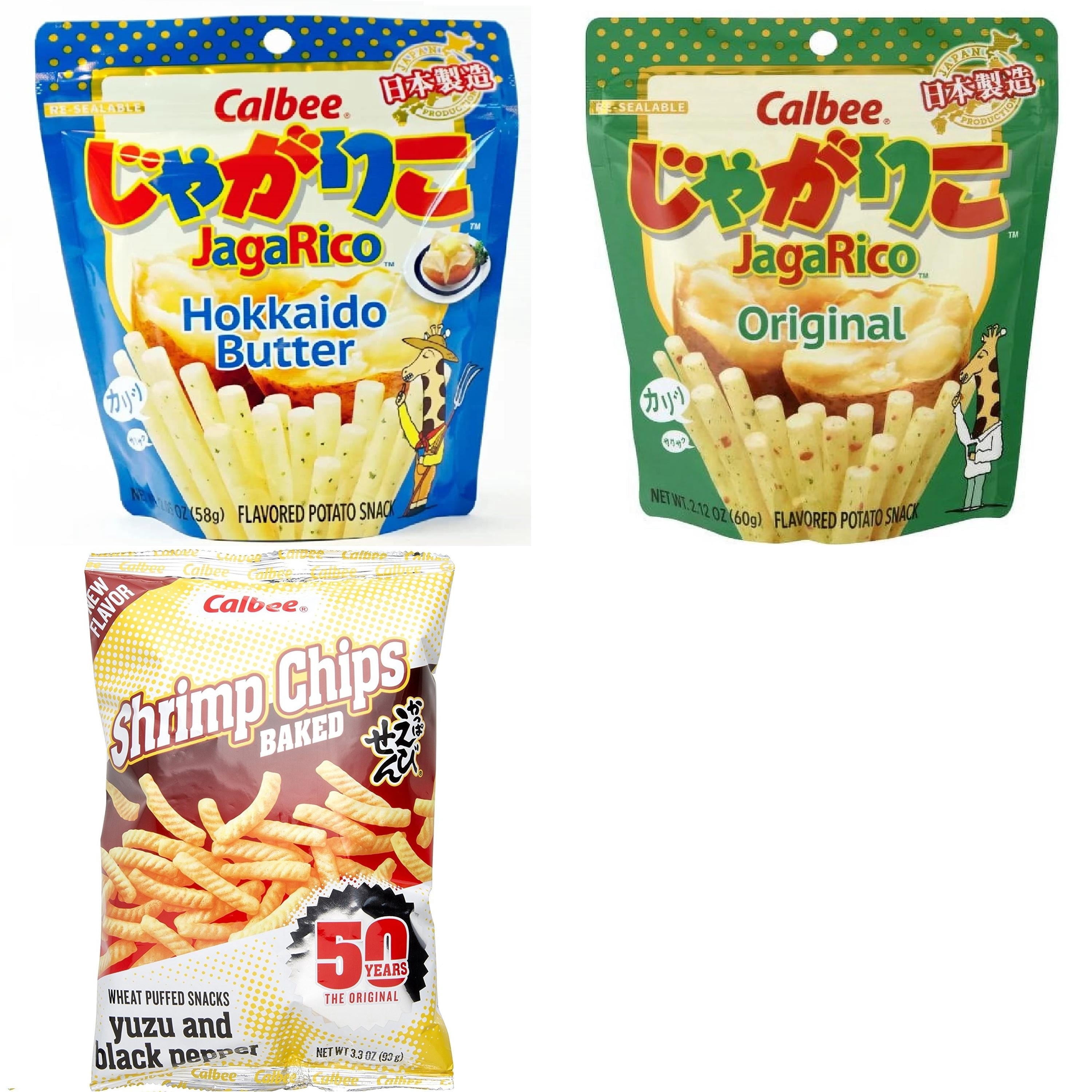 Calbee Shrimp Chip and Jagarico 3 Flavor Mix Bundle(Jagarico Hokkaido ...