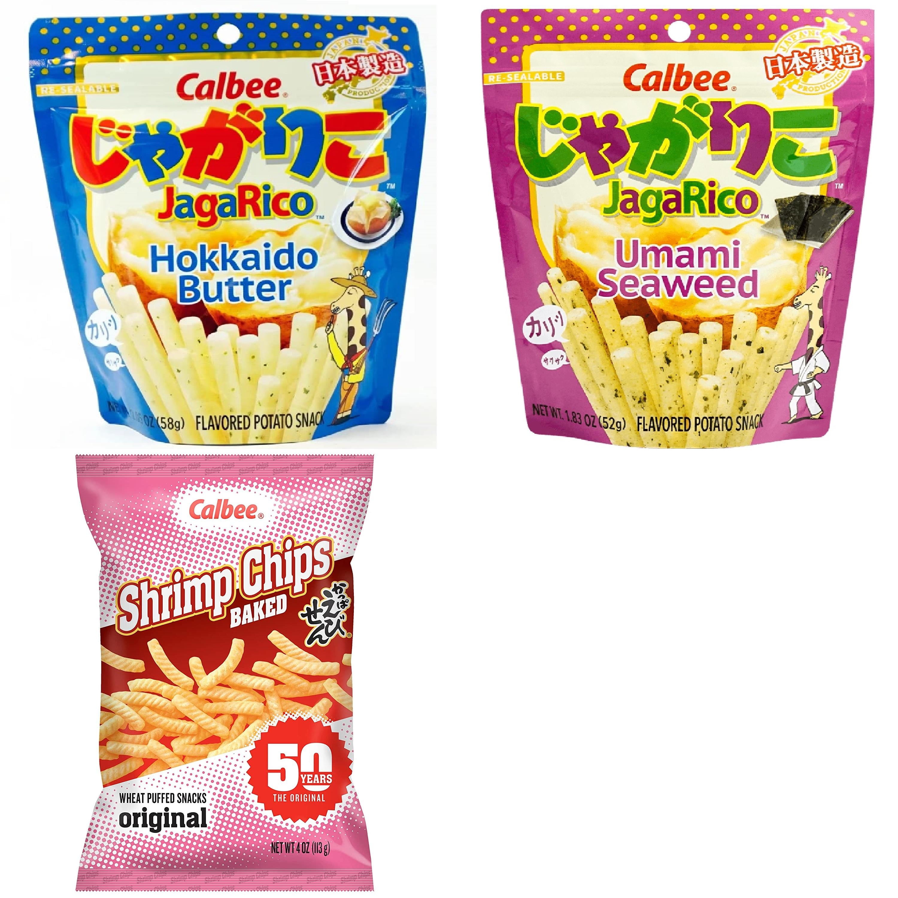 Calbee Shrimp Chip and Jagarico 3 Flavor Mix Bundle(Jagarico Hokkaido ...