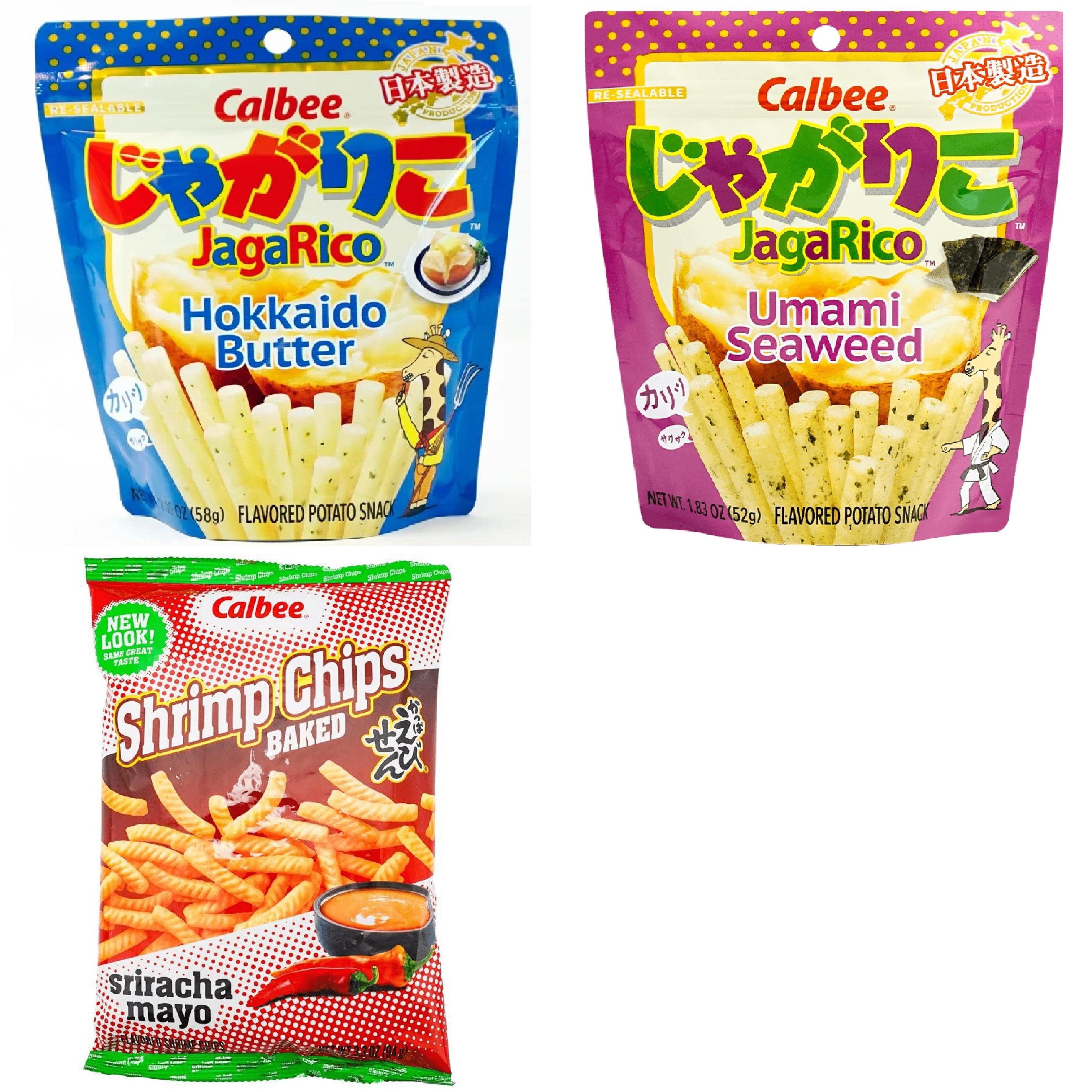 Calbee Shrimp Chip and Jagarico 3 Flavor Mix Bundle(Jagarico Hokkaido Butter,Jagarico Umami ...