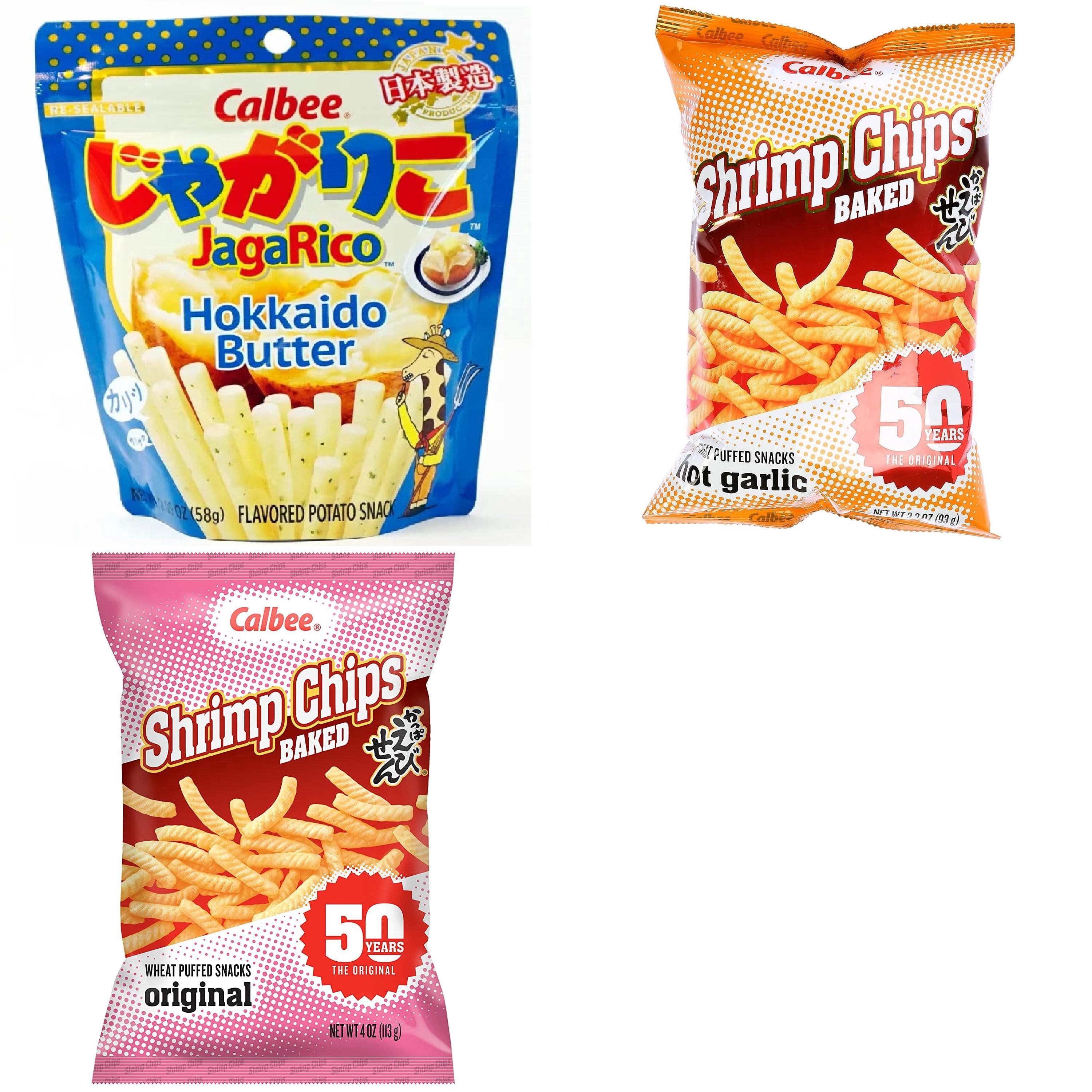 Calbee Shrimp Chip and Jagarico 3 Flavor Mix Bundle(Jagarico Hokkaido ...
