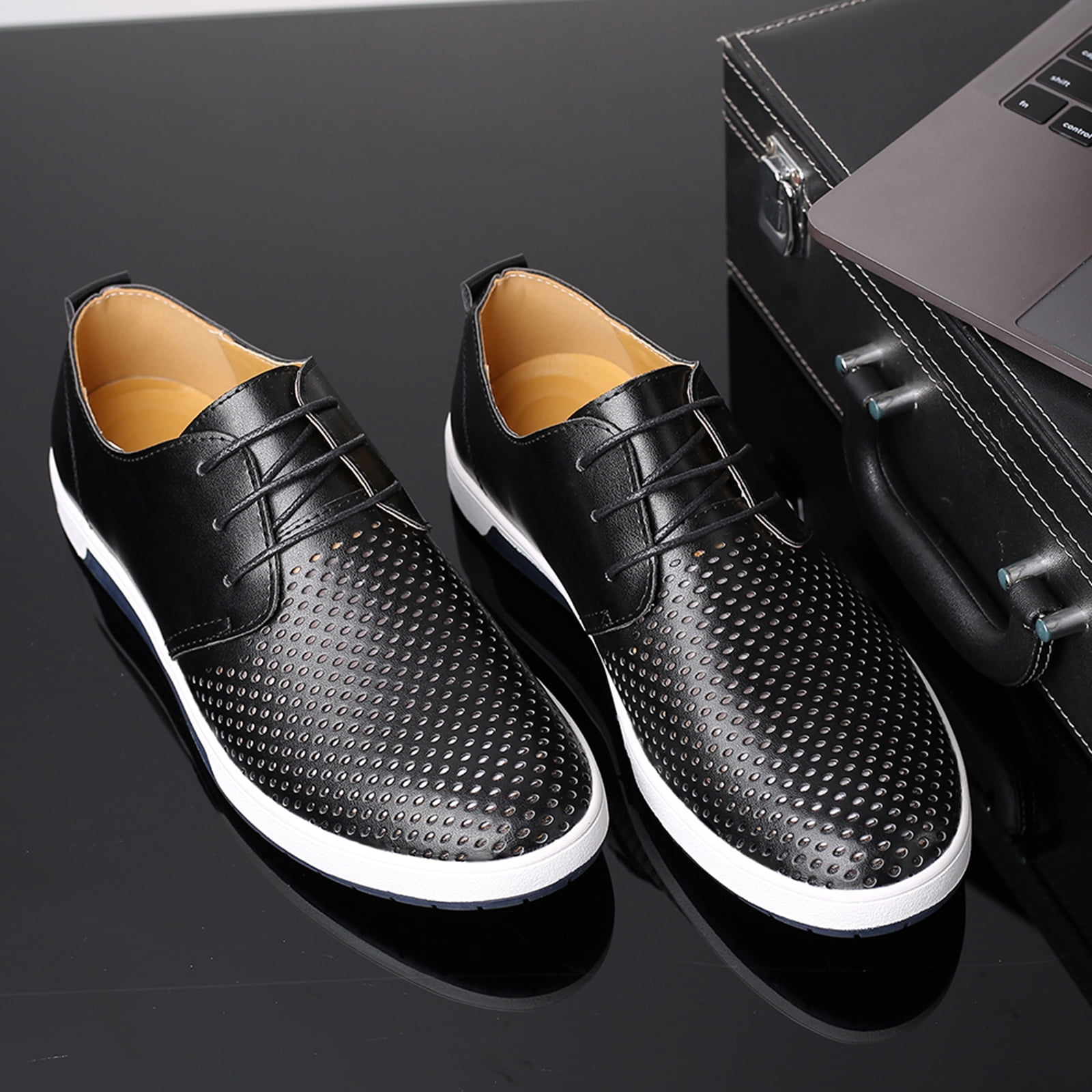 Calceus Mens Summer Breathable Business Leisure Hollow Solid Leather ...