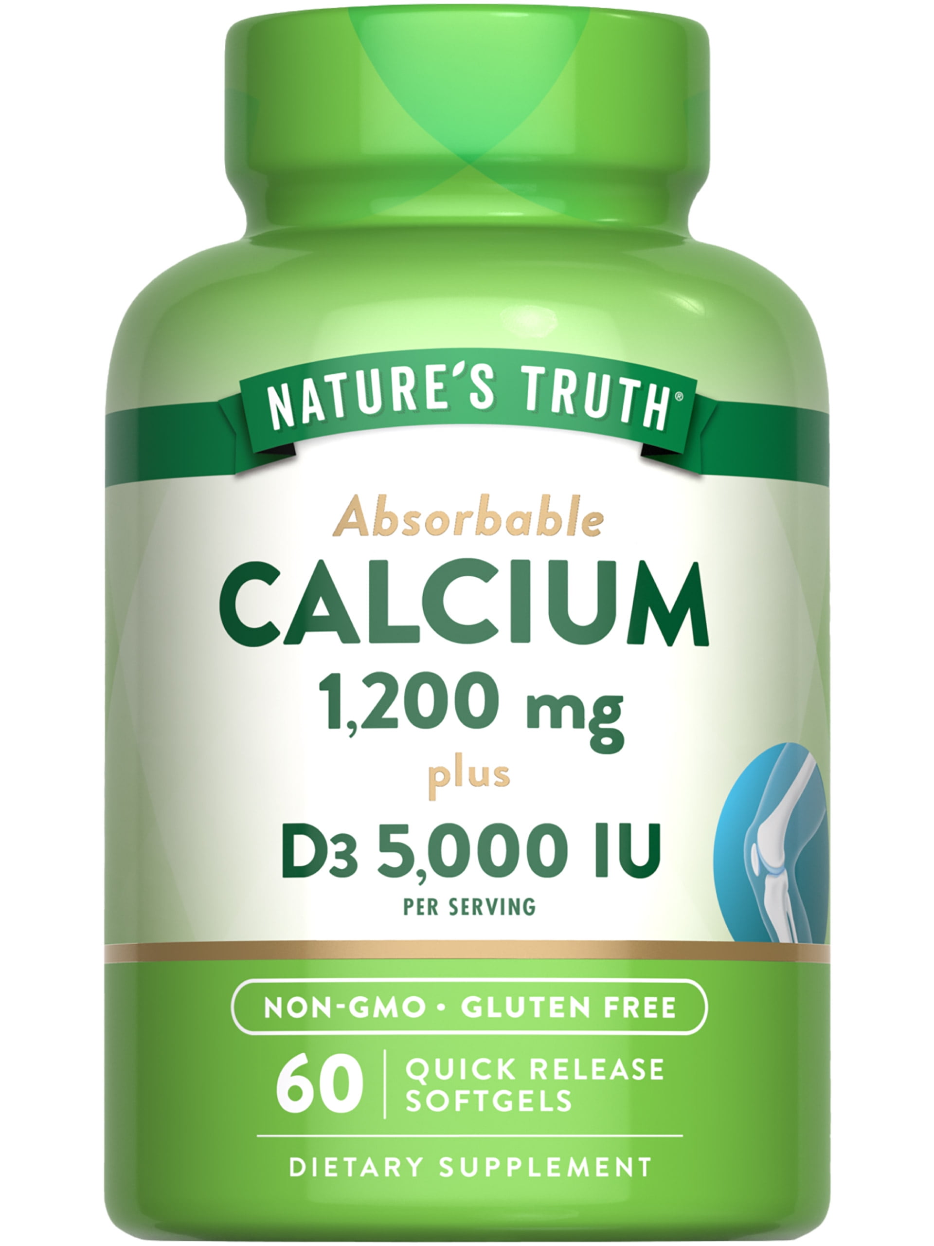 Nature's Truth Calcium 1200mg, Vitamin D3 5000 IU, 60 Softgels, Absorbable, Bone Health ...