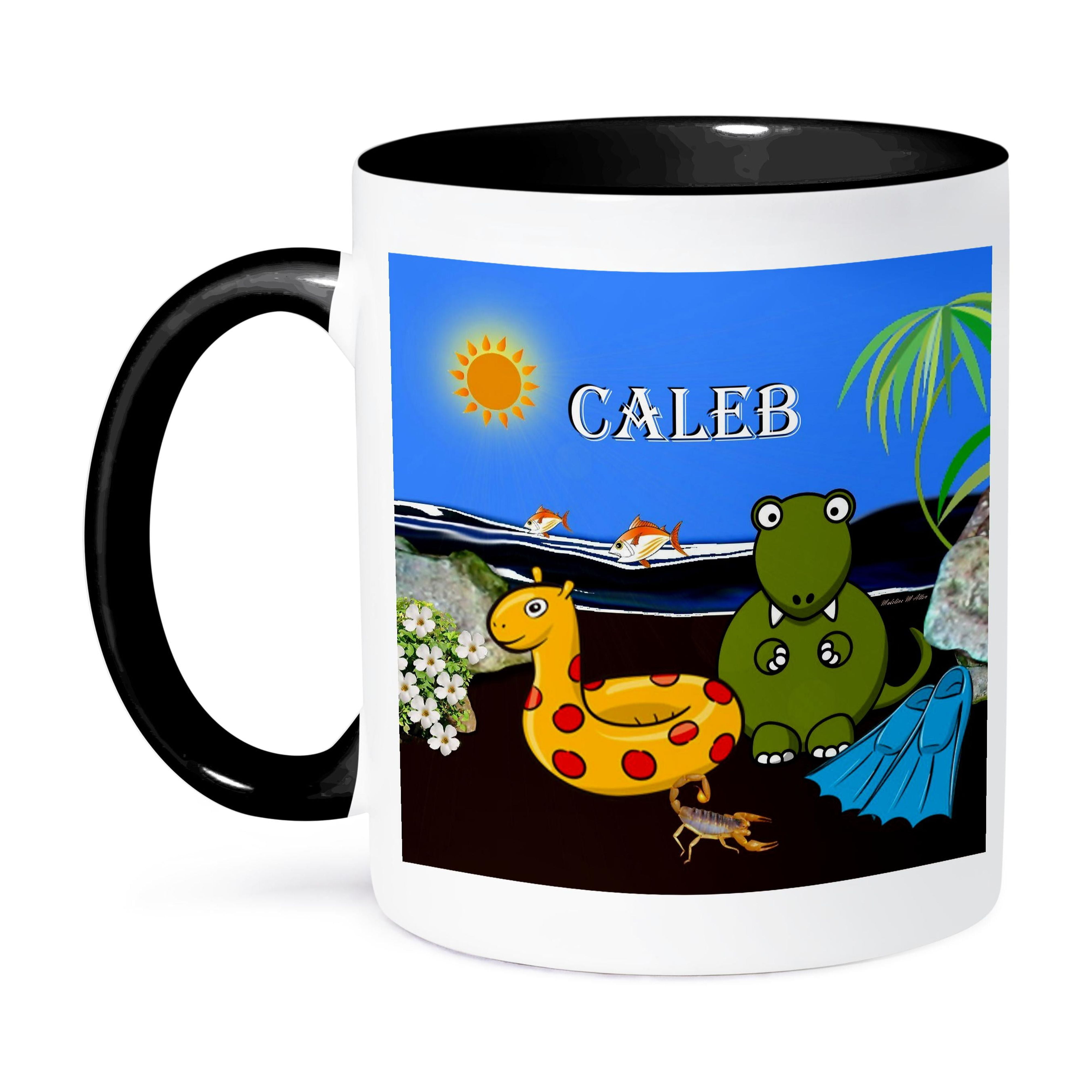 3dRose, Caleb - Tyrannosaurus Rex at the Beach , 15oz Two-Tone Black ...