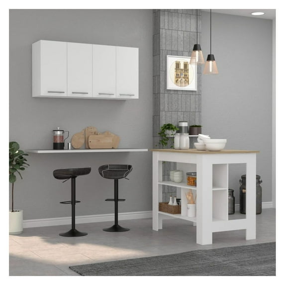 Caledon Kitchen Set - Island & Wall Cabinet, White/Walnut - Modern ...