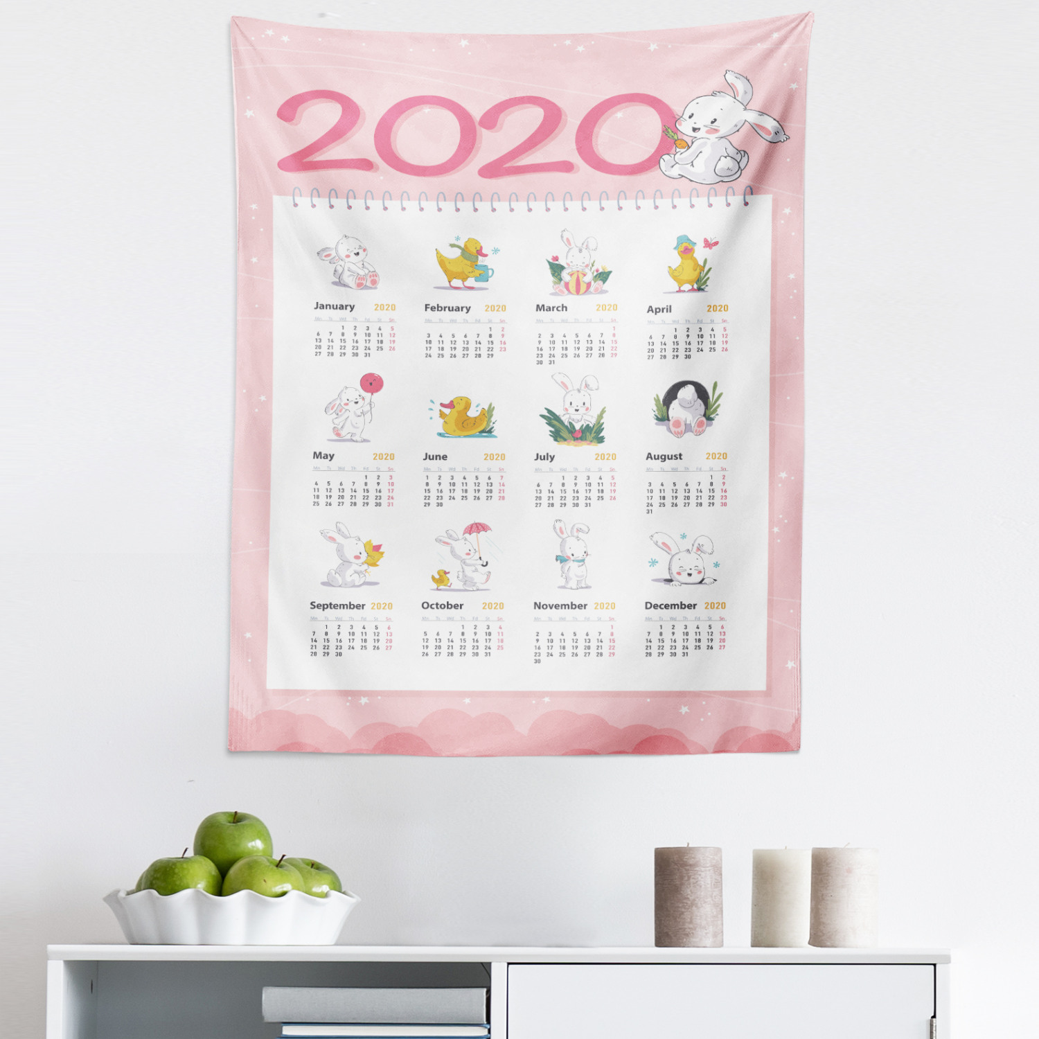 Calendar 2020 Tapestry, Funny Year Design Bunnies and Ducks Cartoon ...