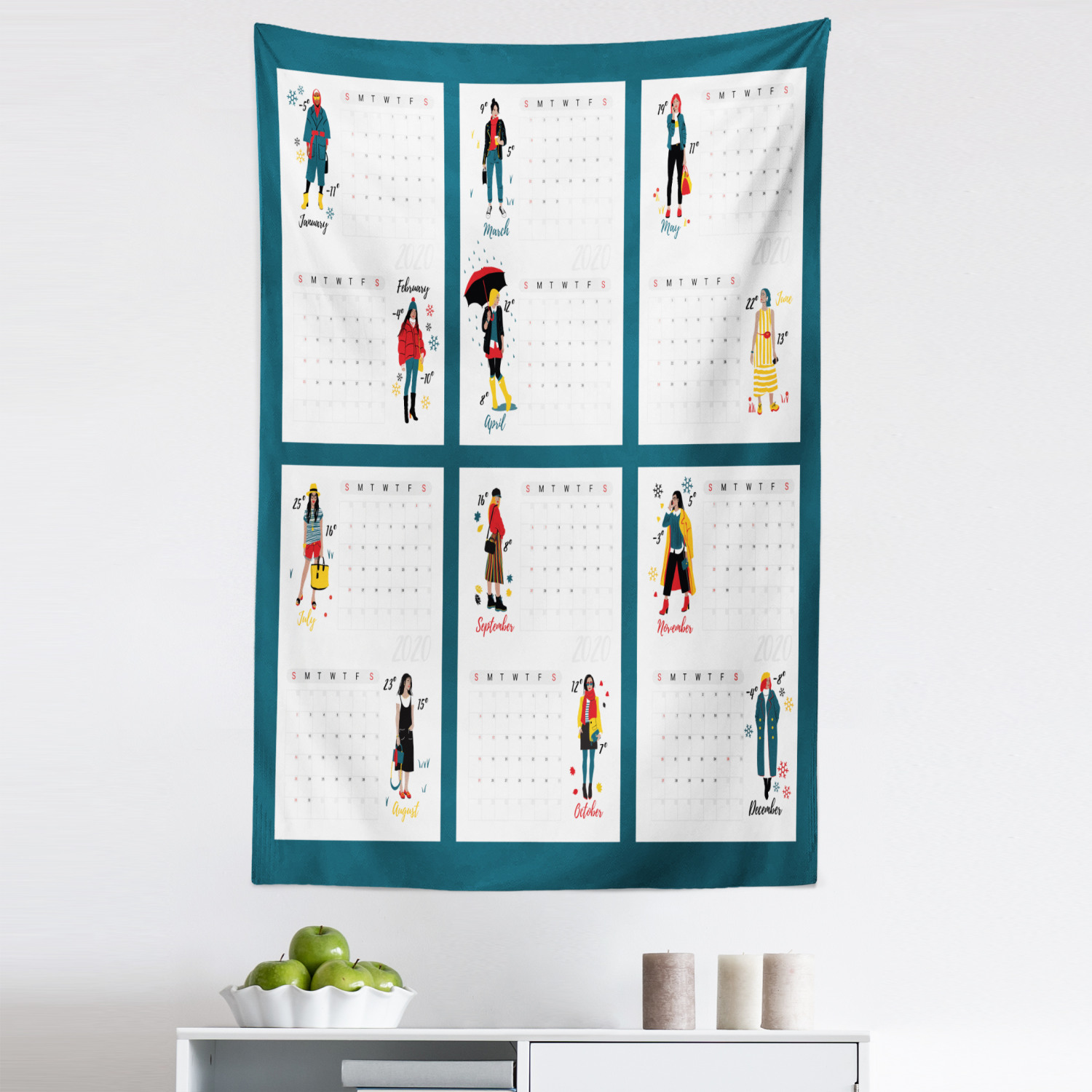Calendar 2020 Tapestry, Modern Design Year Plan 12 Young Lady in ...