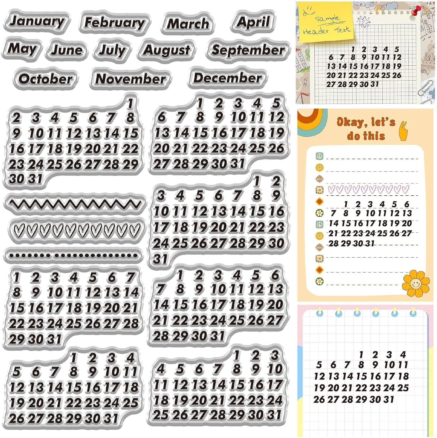 Calendar Date Clear Stamps Vintage Month Rubber Silicone Reusable ...