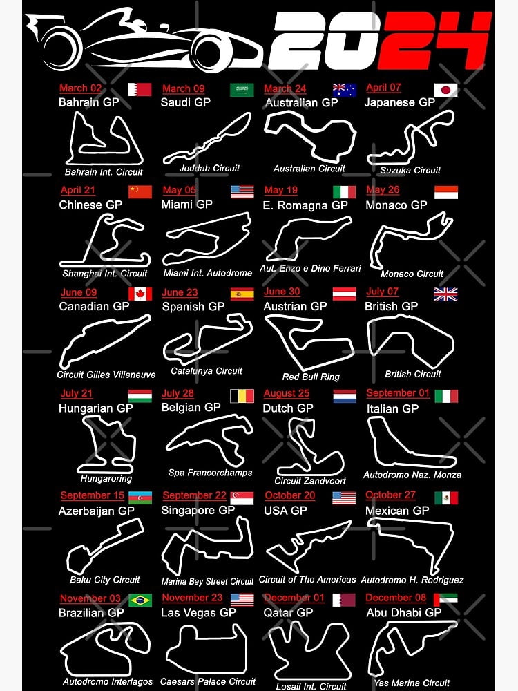 Calendar Formula race cars 2024 named circuits Poster Framed-unframed ...