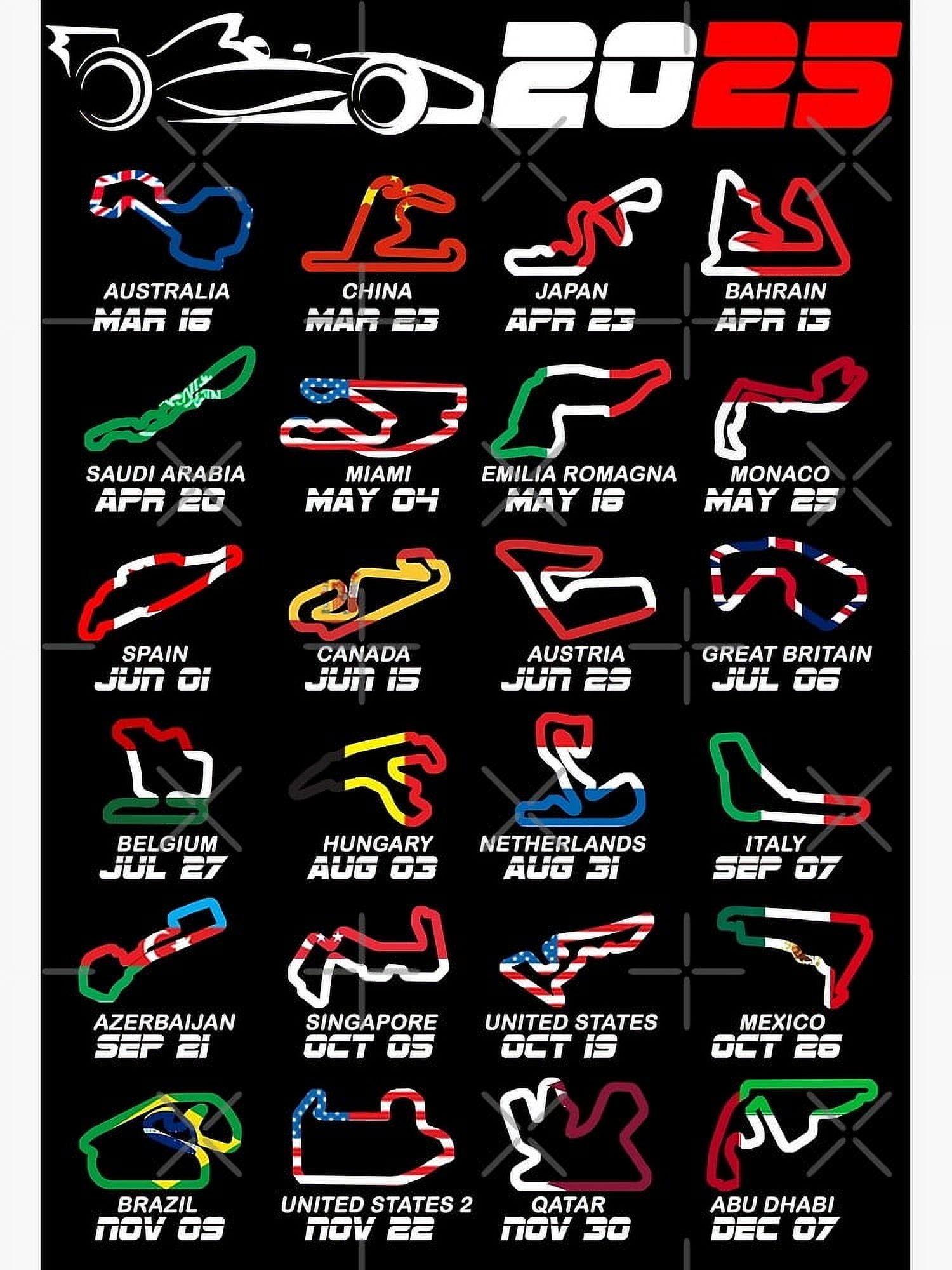 Calendar Formula race cars 2025 circuits colors Modern Art Decor ...