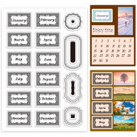 Calendar Month Clear Stamps Retro Frame Silicone Stamp Month Rubber ...