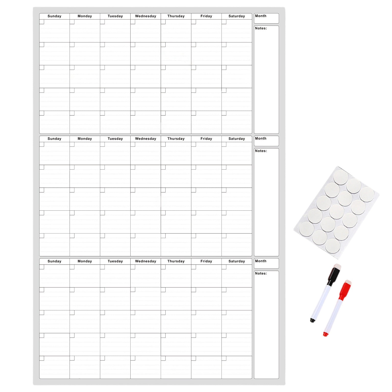 Calendar New YearUndated 3-Month Wipe Clean Wall Calendar, Reusable ...