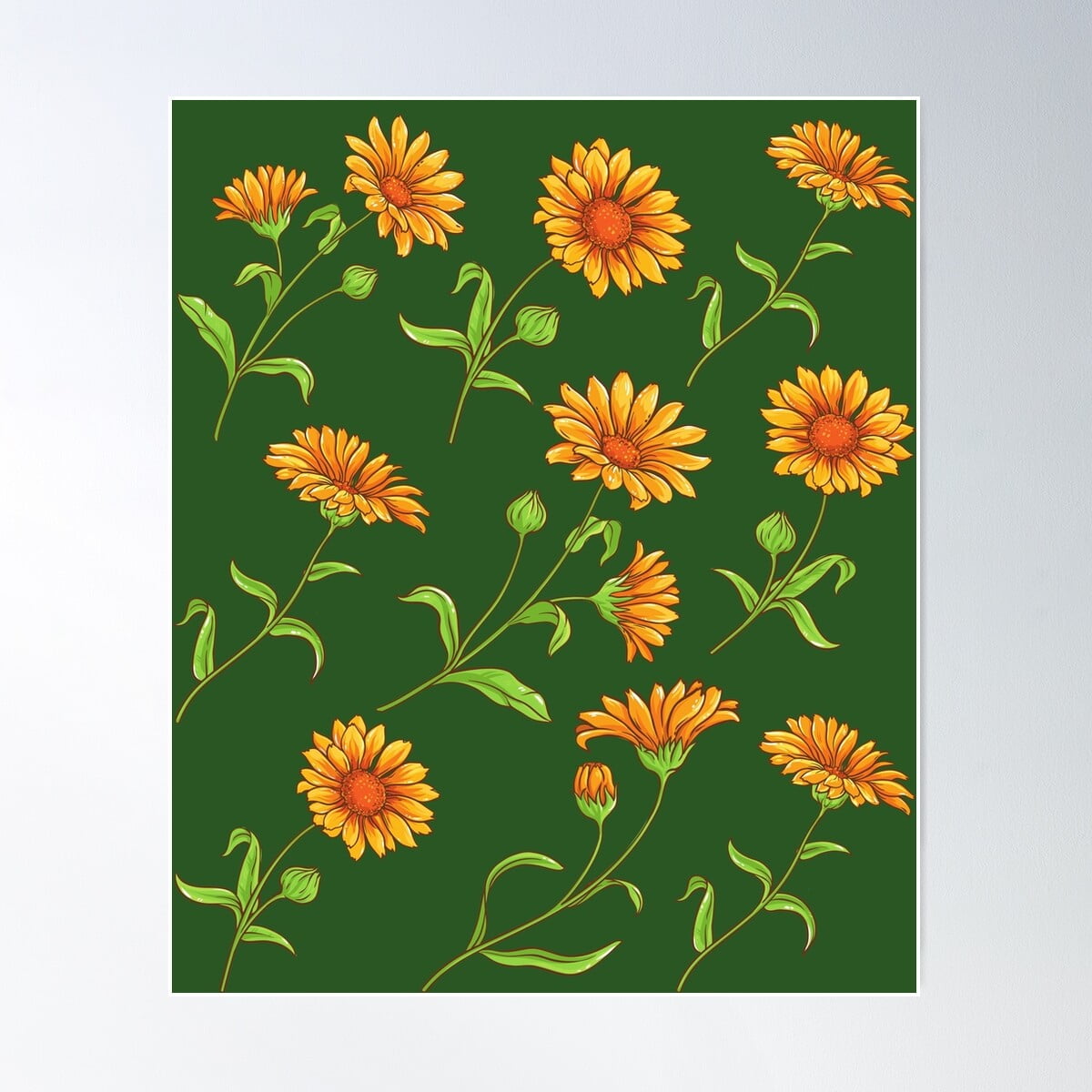Calendula Flower Pattern Poster Wall Art, Modern Wall Decor For Living ...