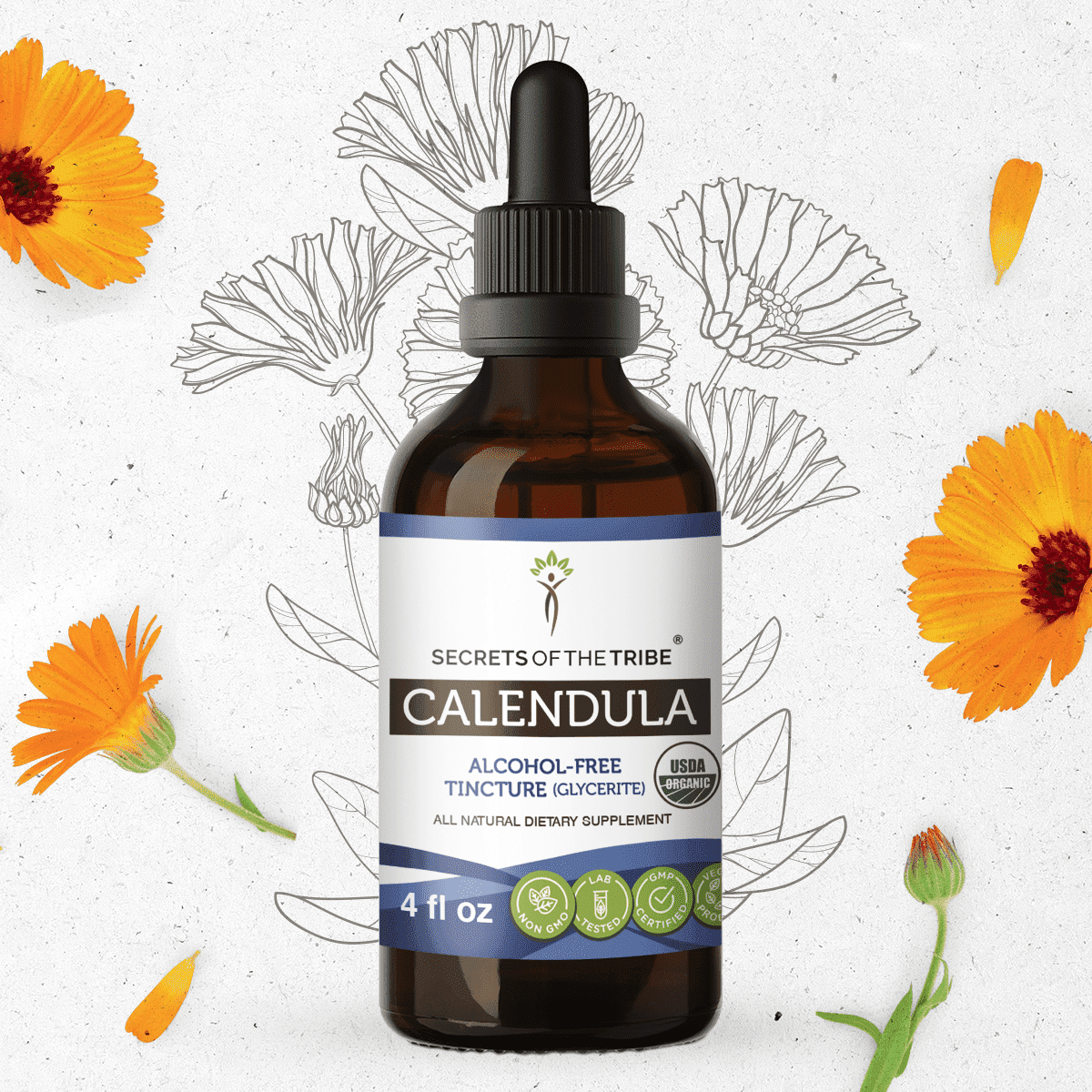 Secrets Of The Tribe Calendula Organic Dietary Supplement, Natural Herbal Tincture for Skin ...