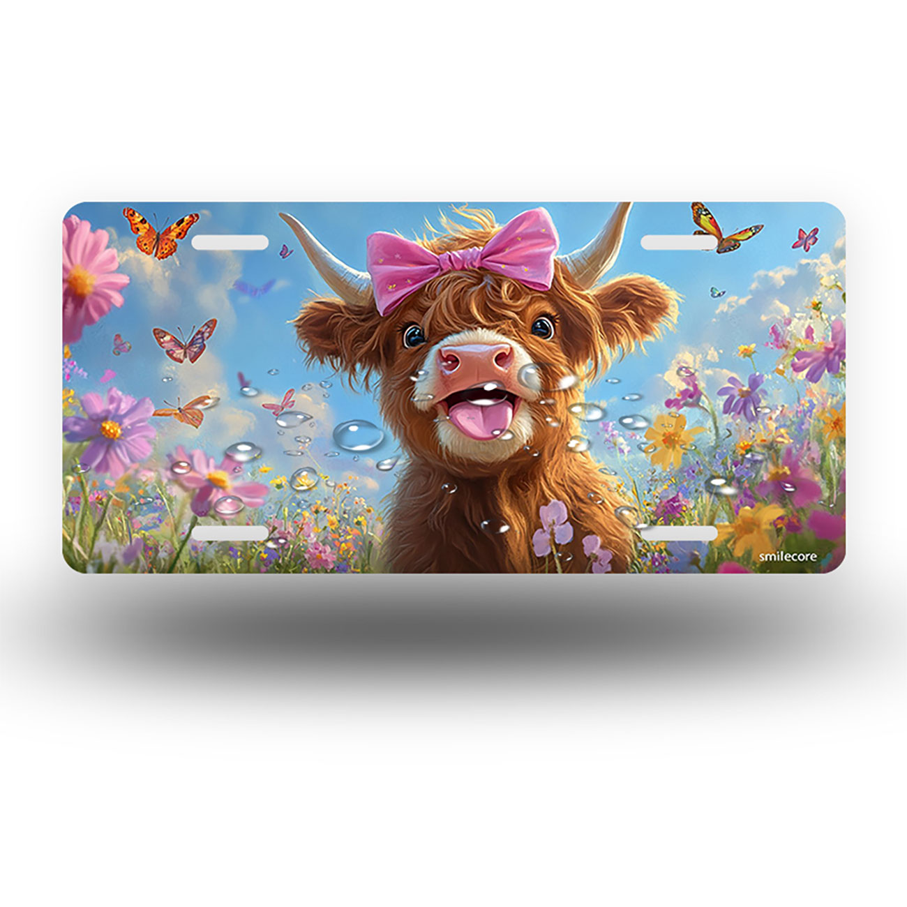 Calf with Pink Bow and Tongue Out in Flower Field Front License Plate ...