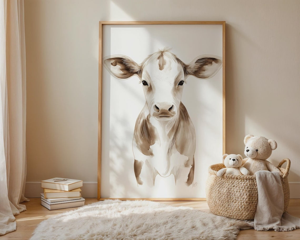 Calf Wall Art, Brown and White Watercolor Print, Rustic Farmhouse ...