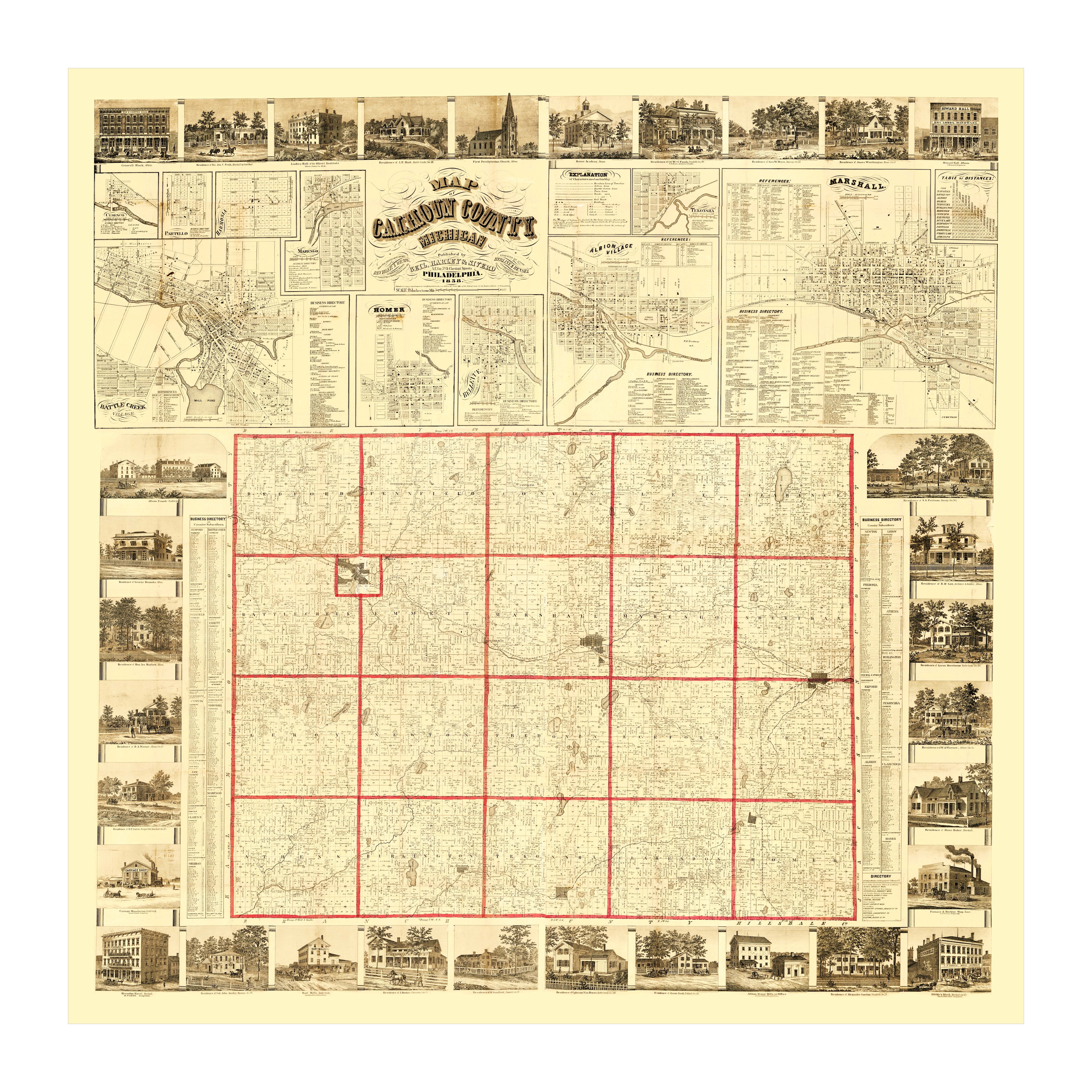 Calhoun County Michigan Art, 1858 Vintage Map of Calhoun County MI ...