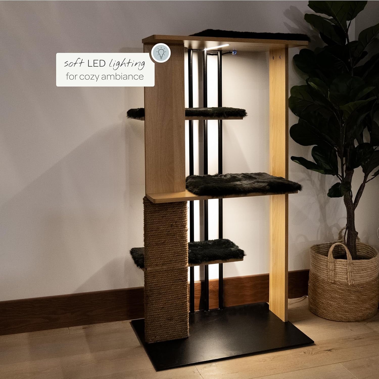 Cali Cat Tree with Scratching Post, LED Lighting, 4 Platforms - Modern ...