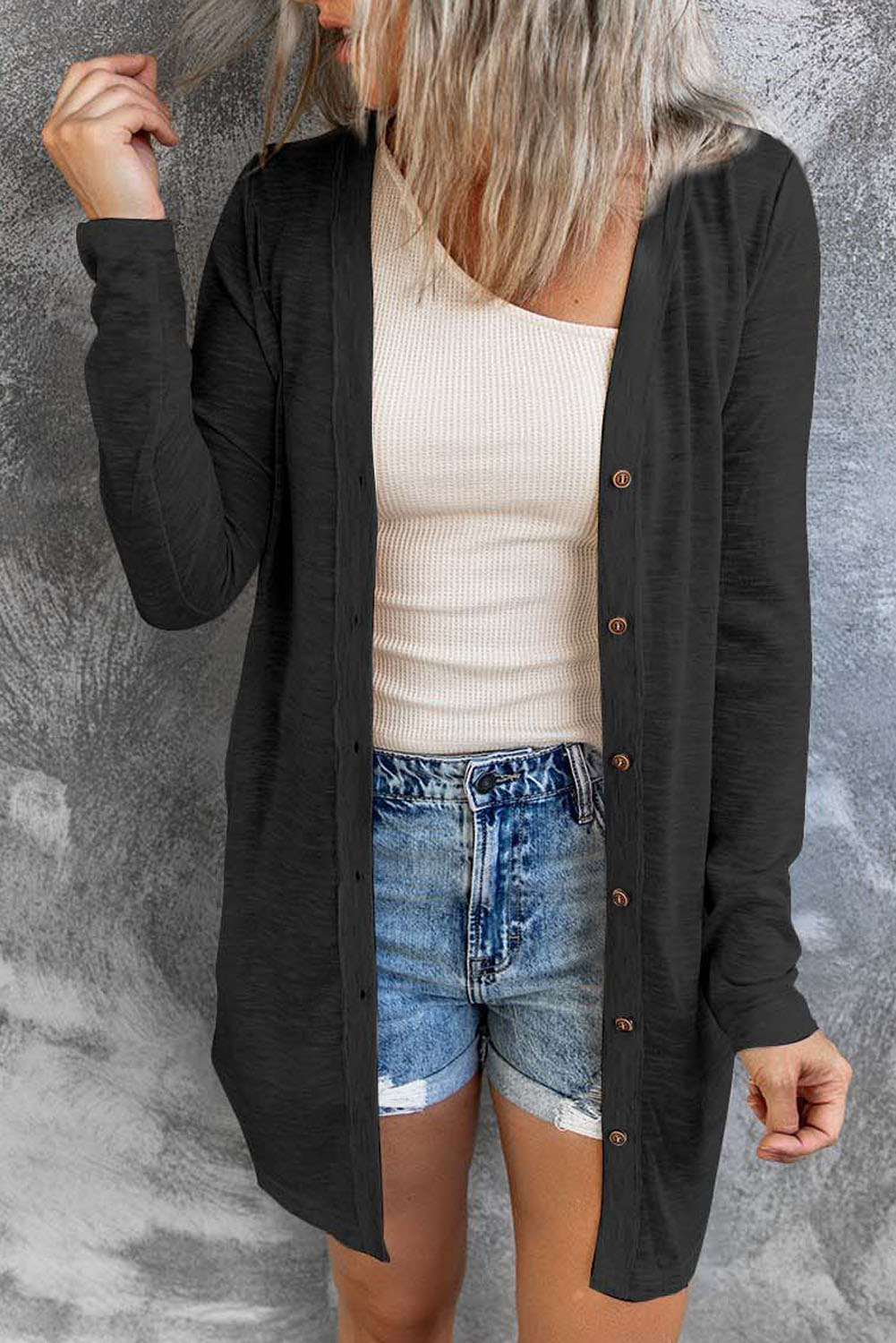 Cali Chic Black Solid Color Open Front Buttons Cardigan (black, small ...