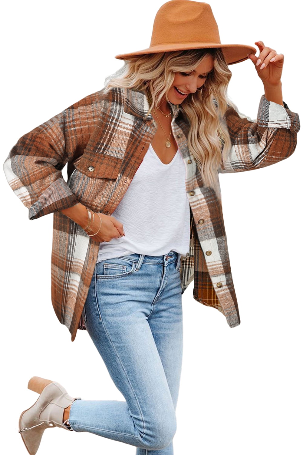 Cali Chic Women Shacket Jacket Celebrity Brown Plaid Flap Pockets ...