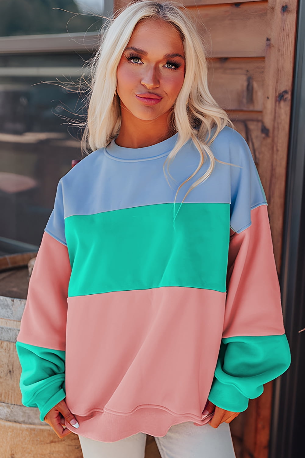 Cali Chic Women Sweatshirt Blossom Color Block Patchwork Drop Shoulder ...