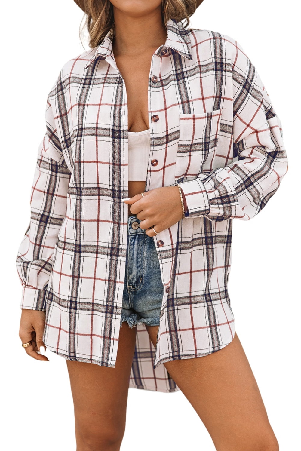 Cali Chic Women's Shacket Jacket Celebrity White Oversized Plaid ...