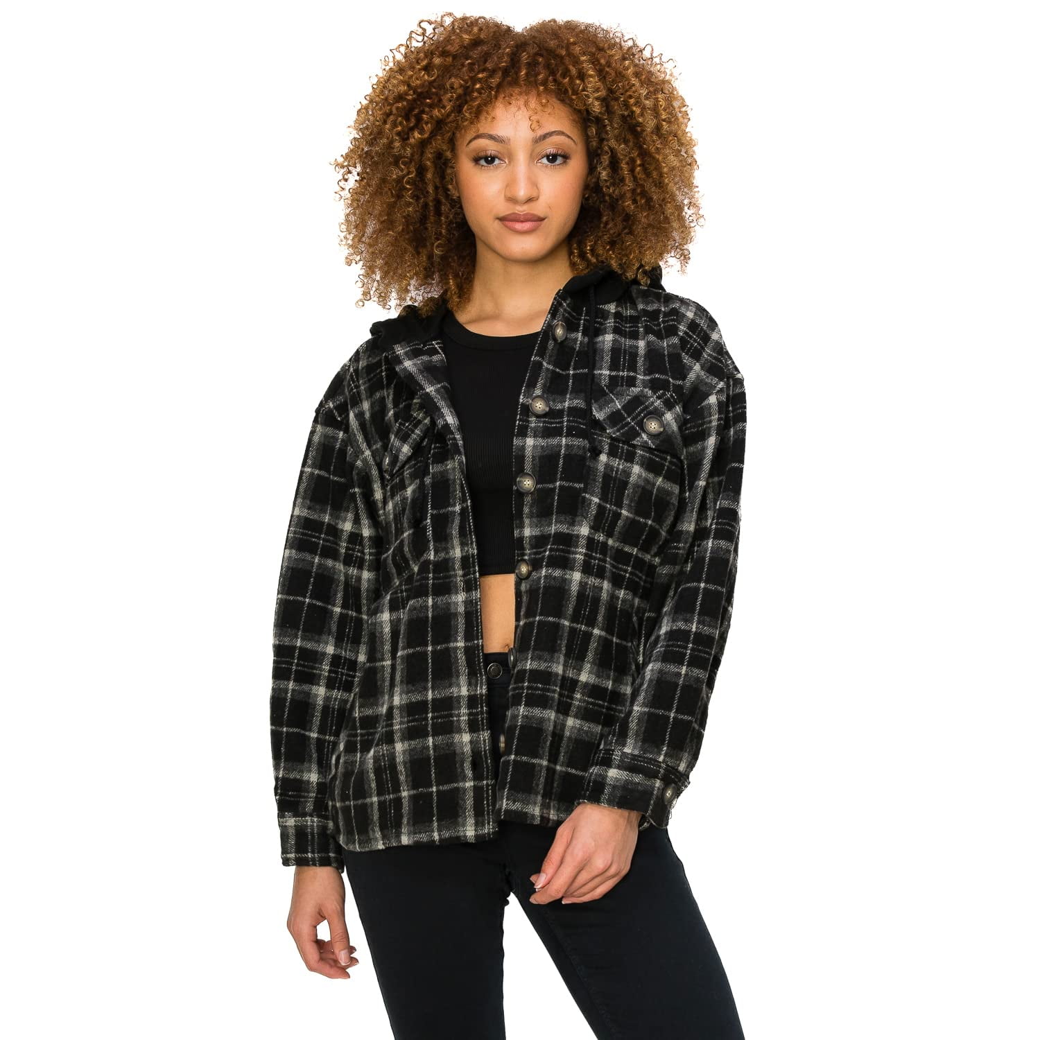 Cali1850 Women Plaid Flannel Oversize Hoodie Long Sleeve Shacket Button ...