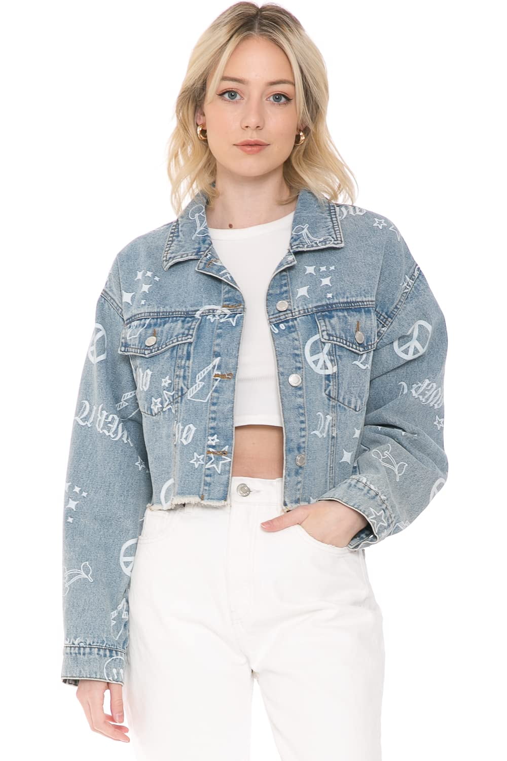 Cali1850 Women's Casual Denim Crop Jacket Doodle Print Button Down Raw ...