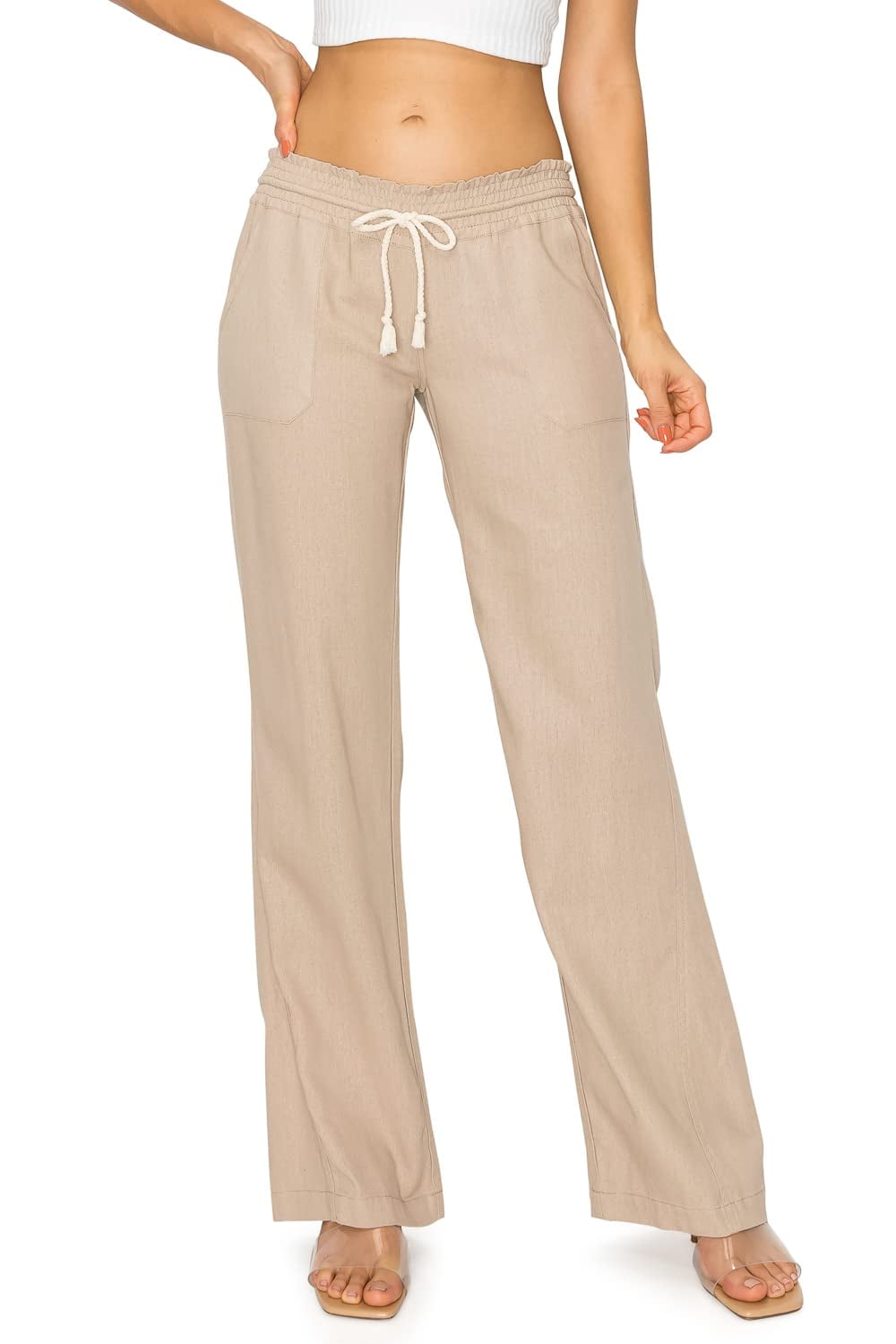 CALI1850 Women's Wide Leg Linen Pants, 32-Inch Inseam, Smocked Waist ...