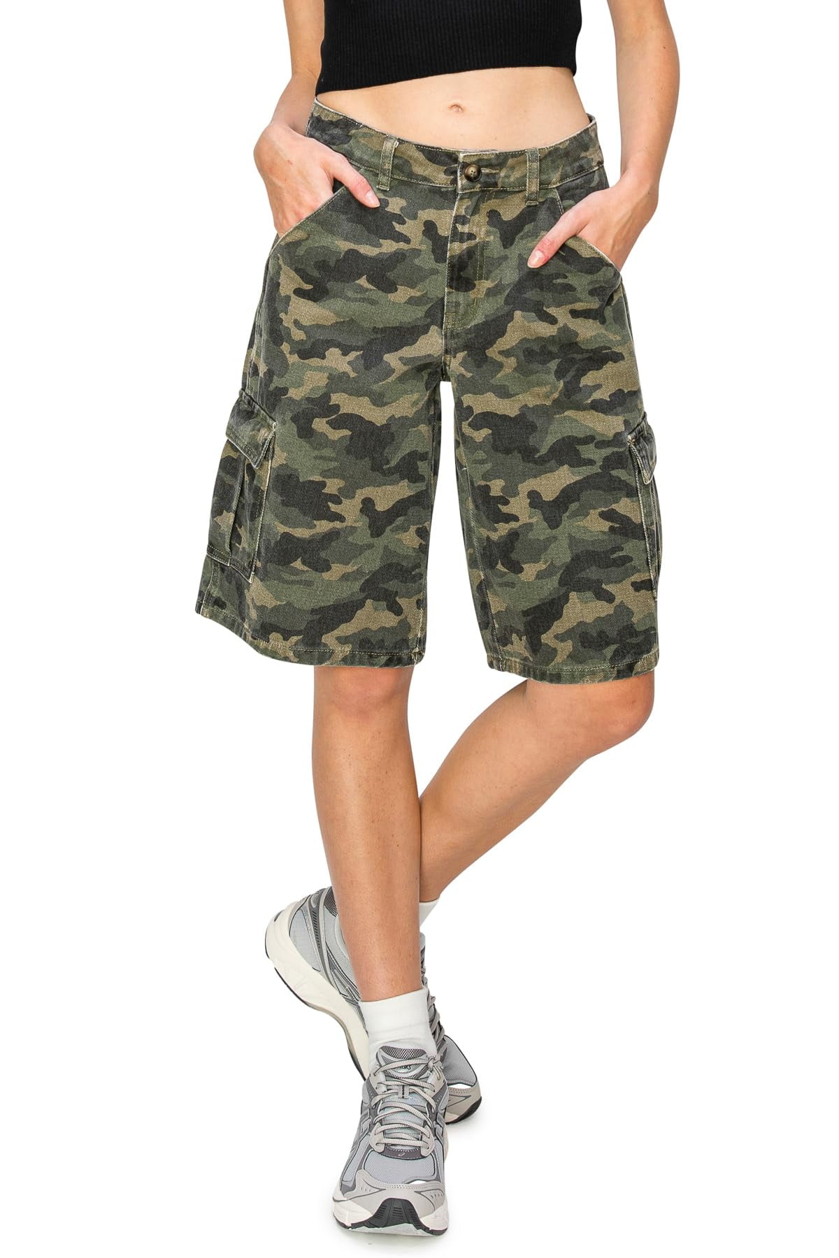 Cali1850 Women's Low Rise Waist Relaxed Fit Bermuda Long Cargo Utility Shorts with 9 pockets ...