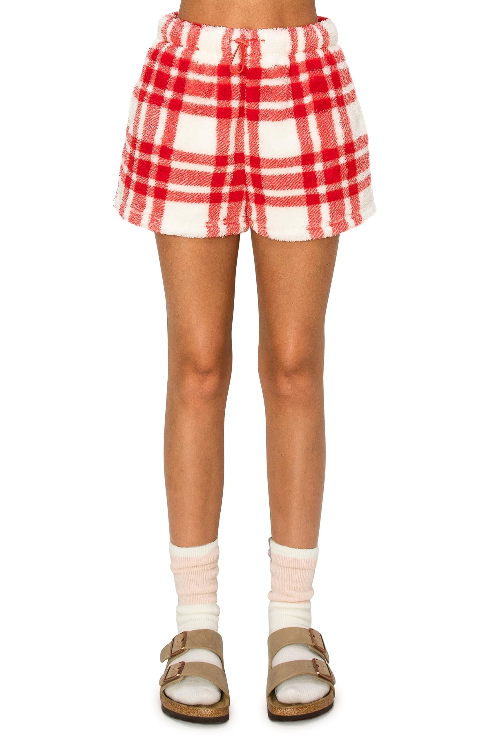 Cali1850 Women's Plaid Sherpa Shorts Sweatpants Bungee with Elastic Drawstring Waistband Soft ...