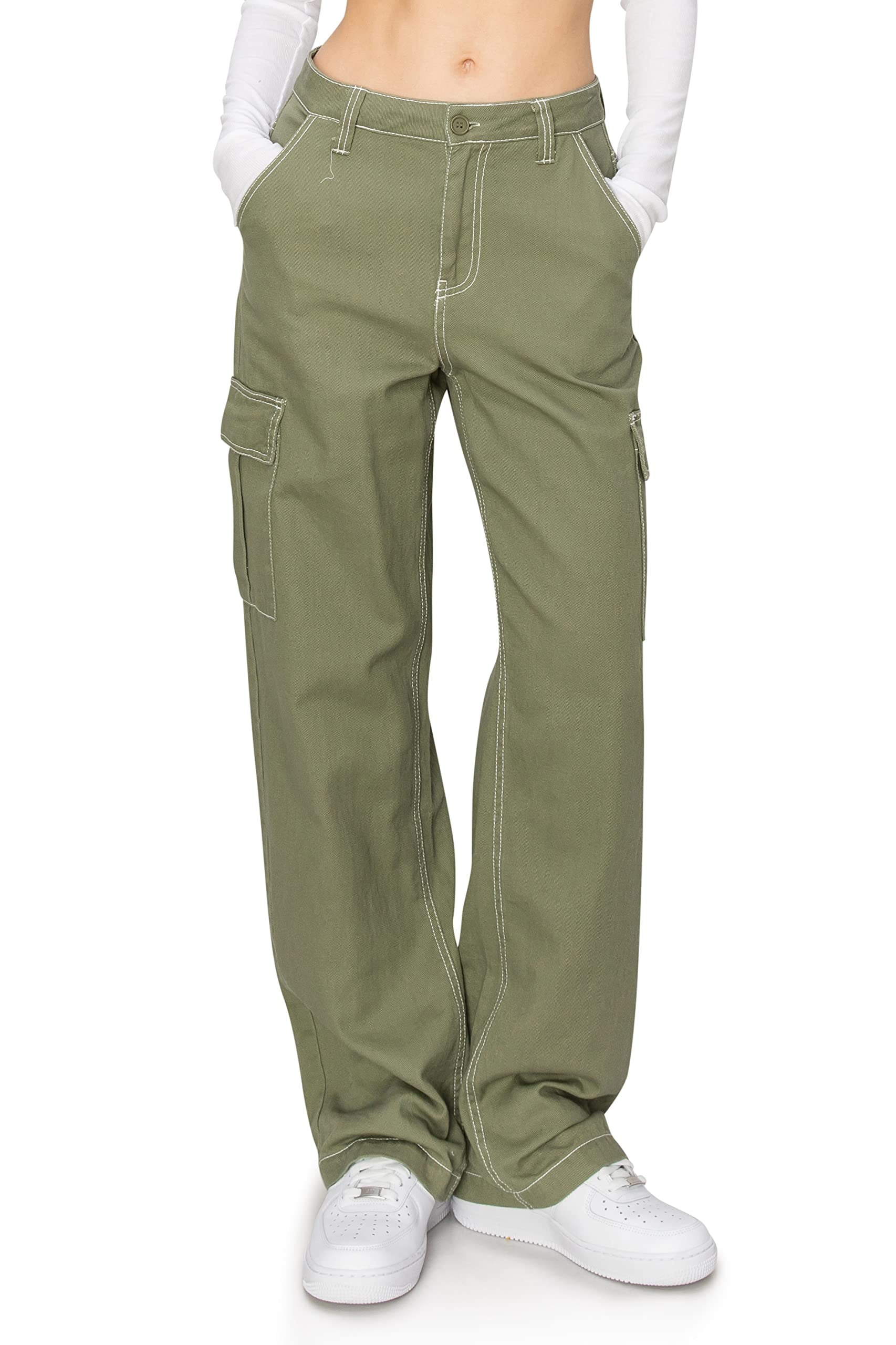 Cali1850 Women’s Straight Leg Cargo Pants Mid Rise Contrast Stitch ...