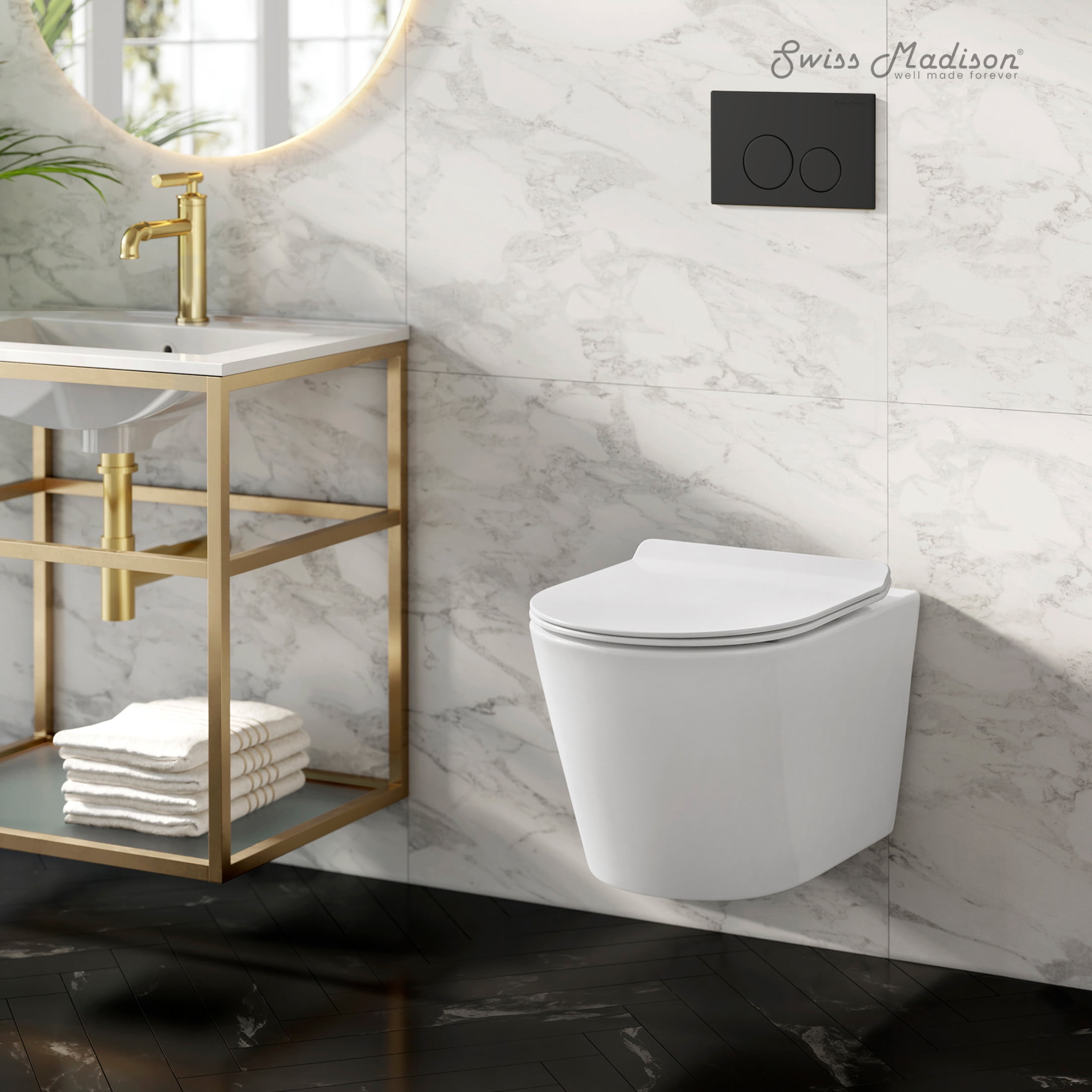 Calice Wall-Hung Toilet Bundle 0.8/1.6 GPF Dual Flush in Glossy White ...