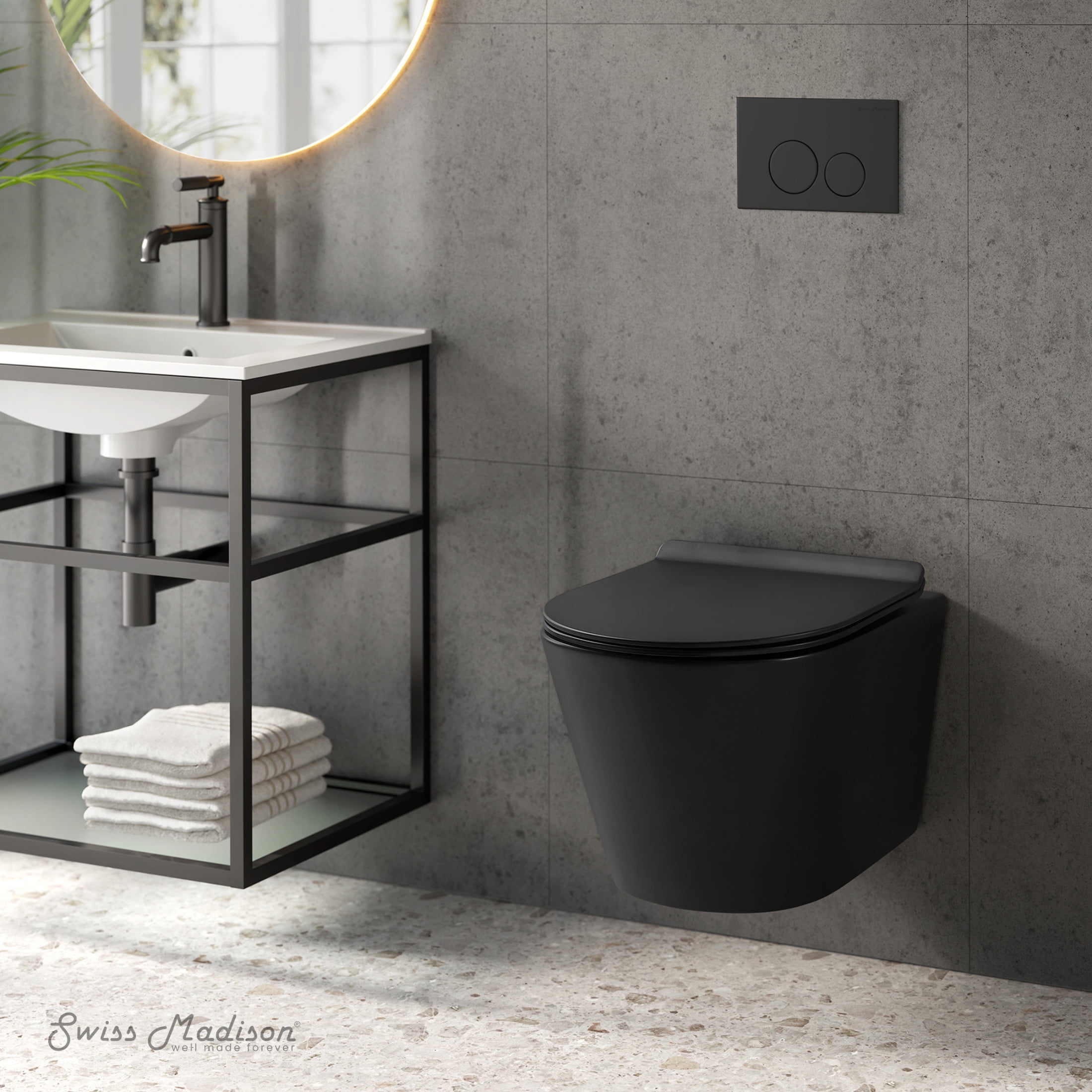 Calice Wall-Hung Toilet Bundle 0.8/1.6 GPF Dual Flush in Matte Black ...