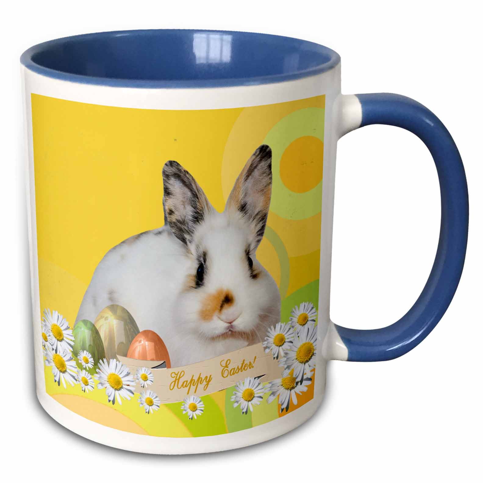 Calico Bunny Rabbit with Daisy Flowers and Three Easter Eggs, Happy ...