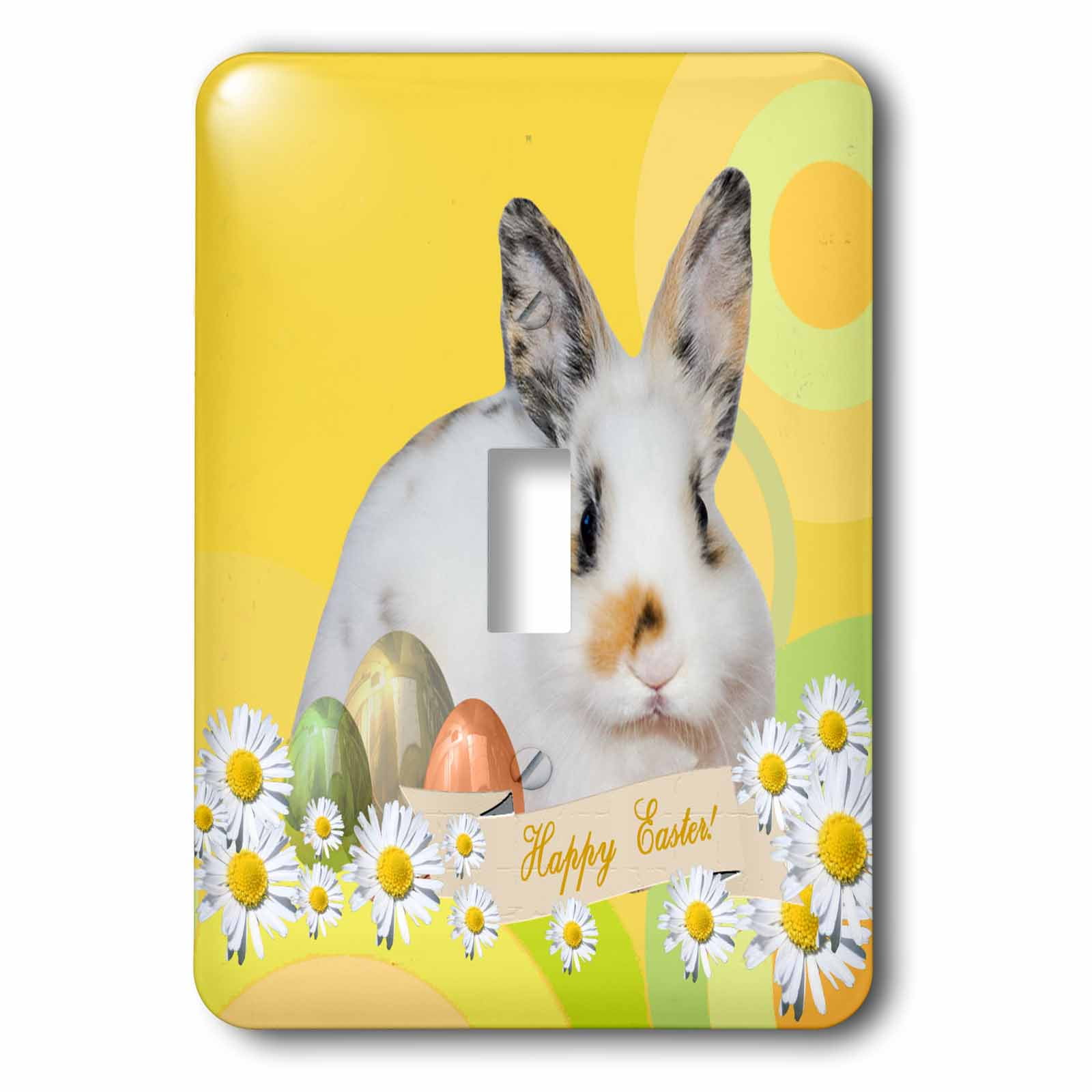 Calico Bunny Rabbit with Daisy Flowers and Three Easter Eggs, Happy ...