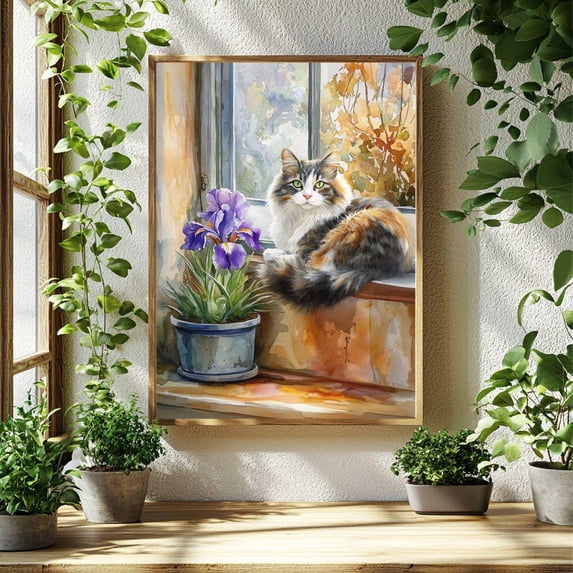 Calico Cat And Purple Iris Poster, Floral Feline Wall Art, Spring ...