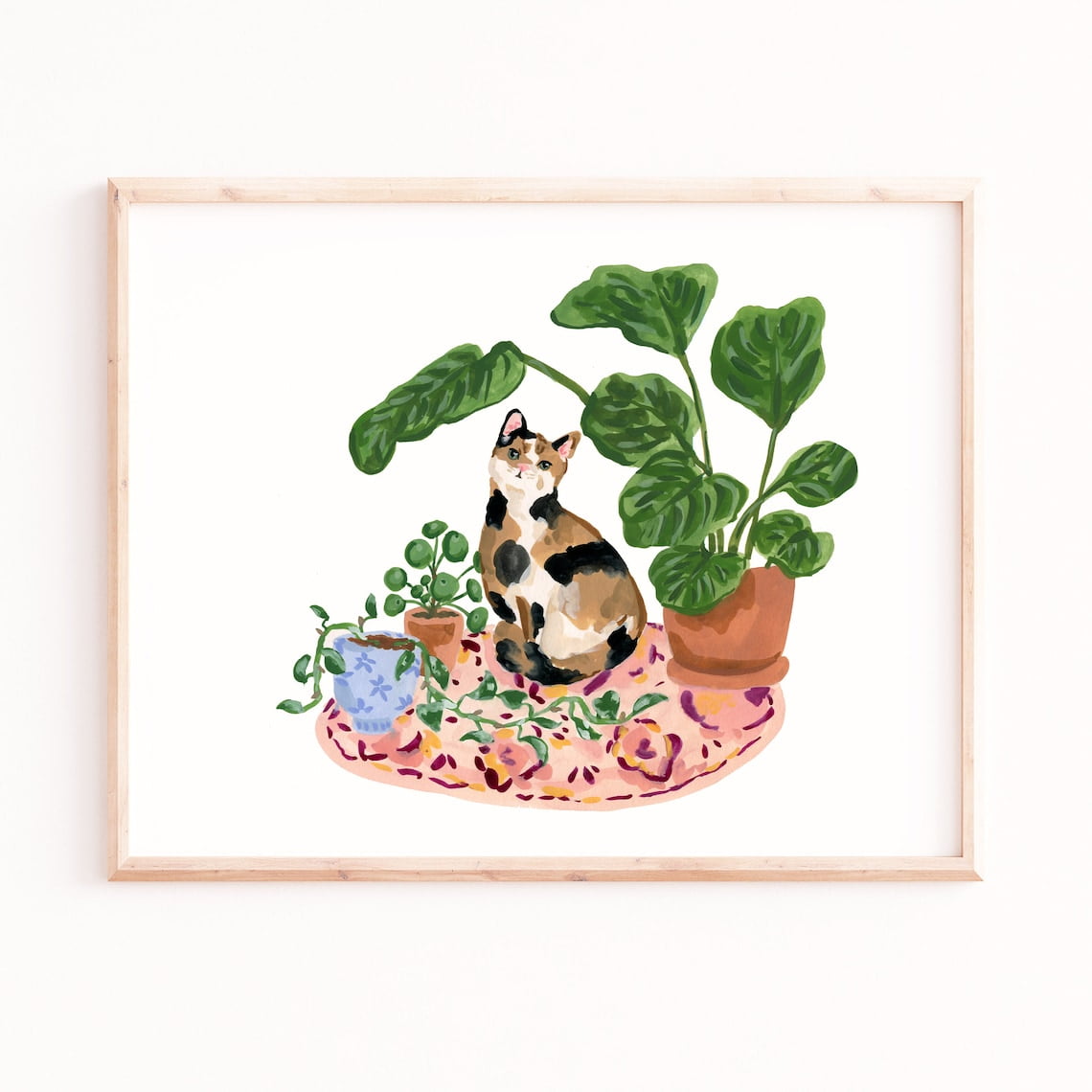 Calico Cat Art Print, Houseplants, Pink Rug (Multiple Sizes) Poster ...