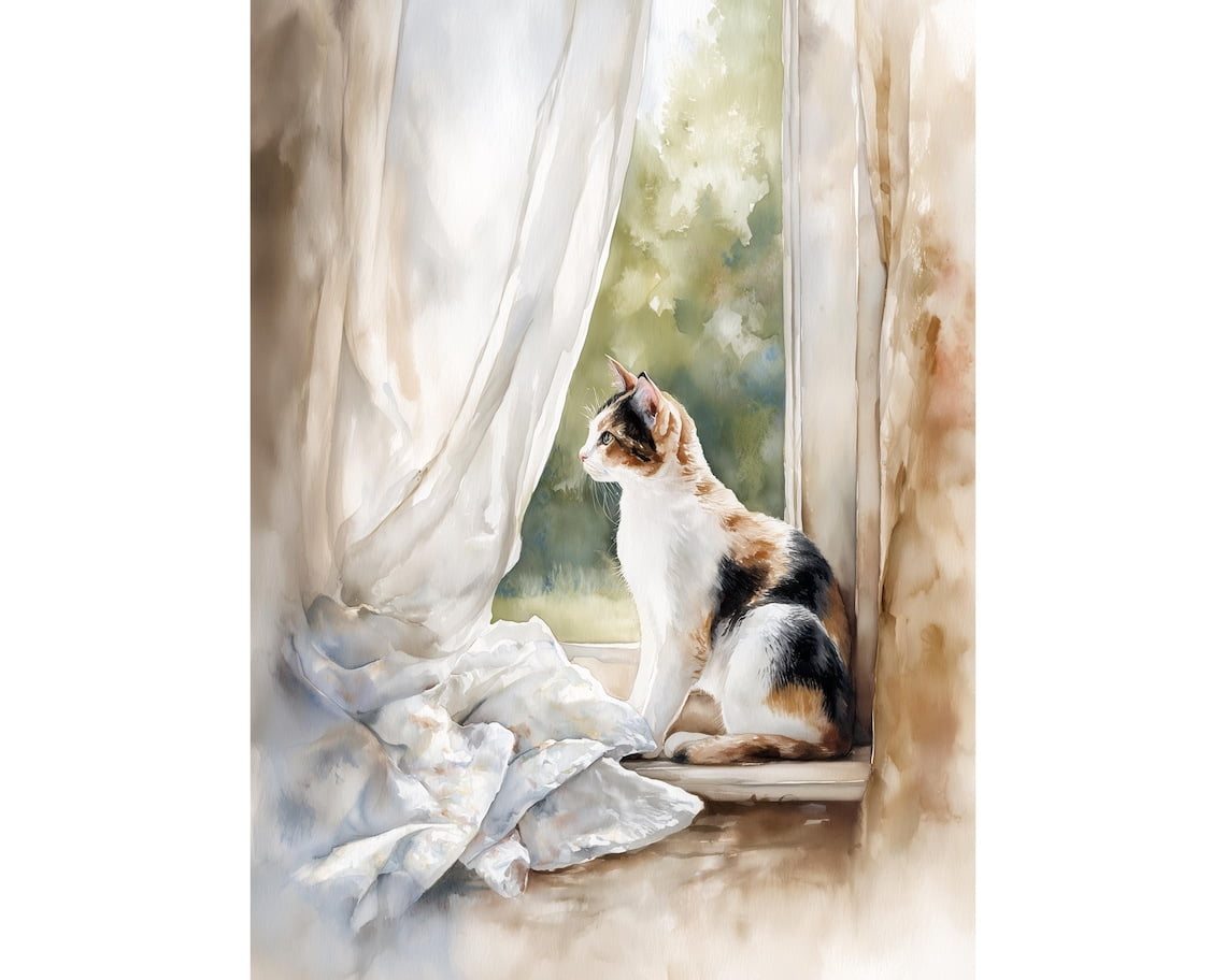 Calico Cat By Window Cottagecore Animal Poster Unframed Paper Print ...