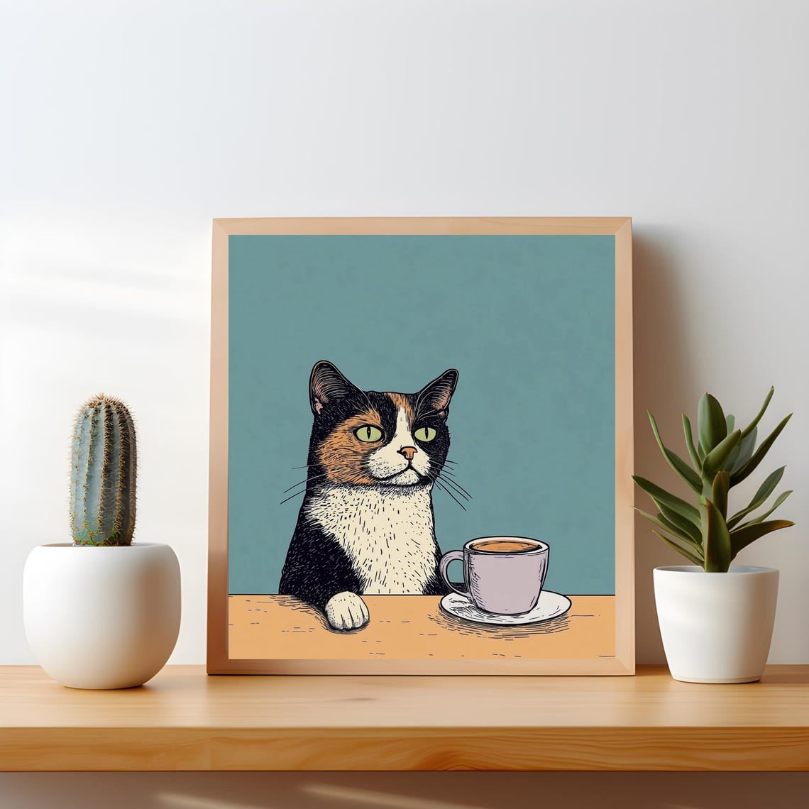 Calico Cat Chilling With Coffee Poster, Coffee Bar Decor, Quirky ...