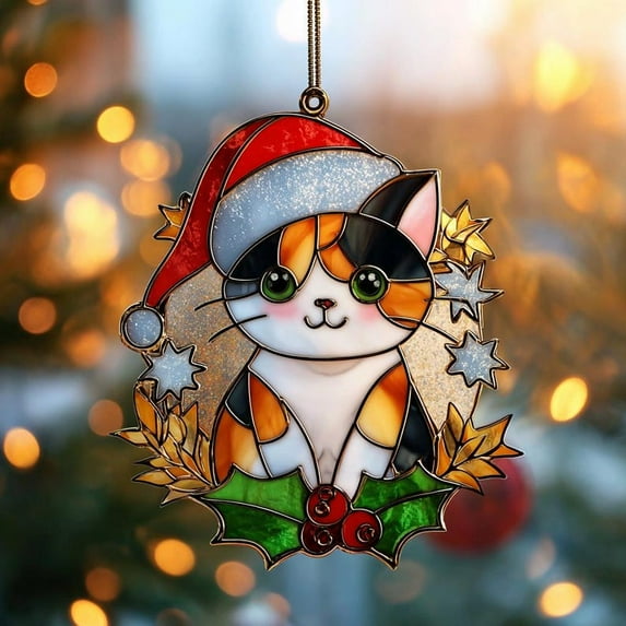 Calico Cat Christmas Suncatcher – Faux Stained Glass Holiday Window ...