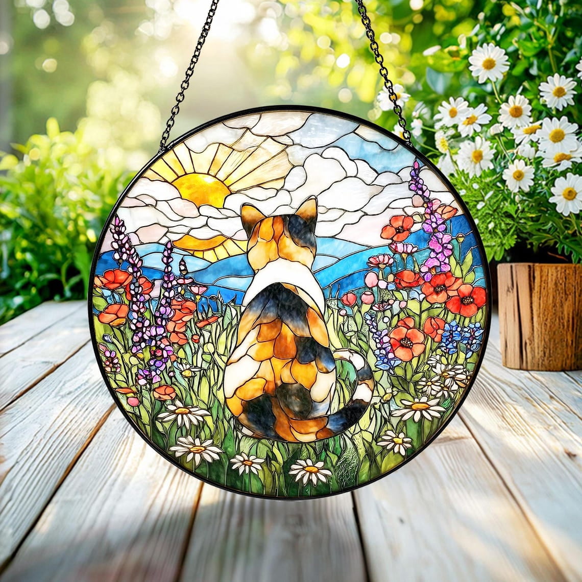Calico Cat Glass Suncatcher, Calico Wildflower Hanging Decor, Meadow ...
