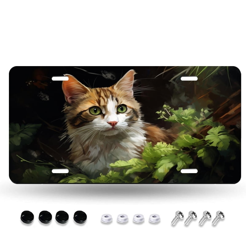 Calico Cat With Green Eyes Sitting in The Grass License Plate Frame ...