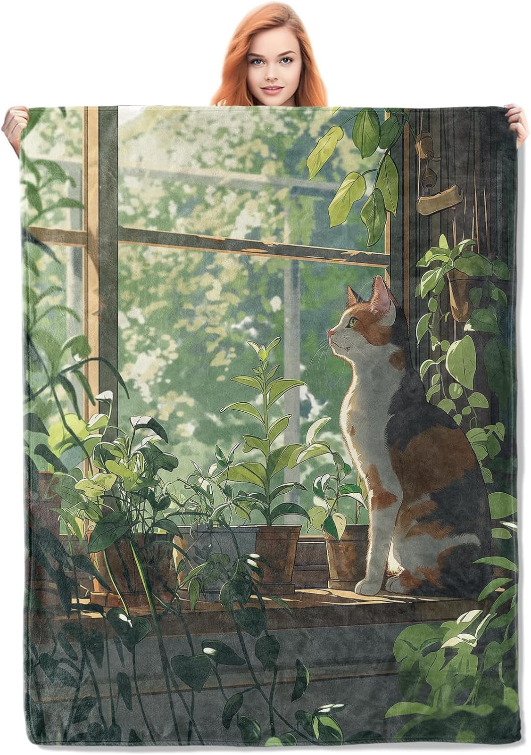 Calico Cat and House Plants Blanket, Cute Cat Flannel Throw Blankets ...