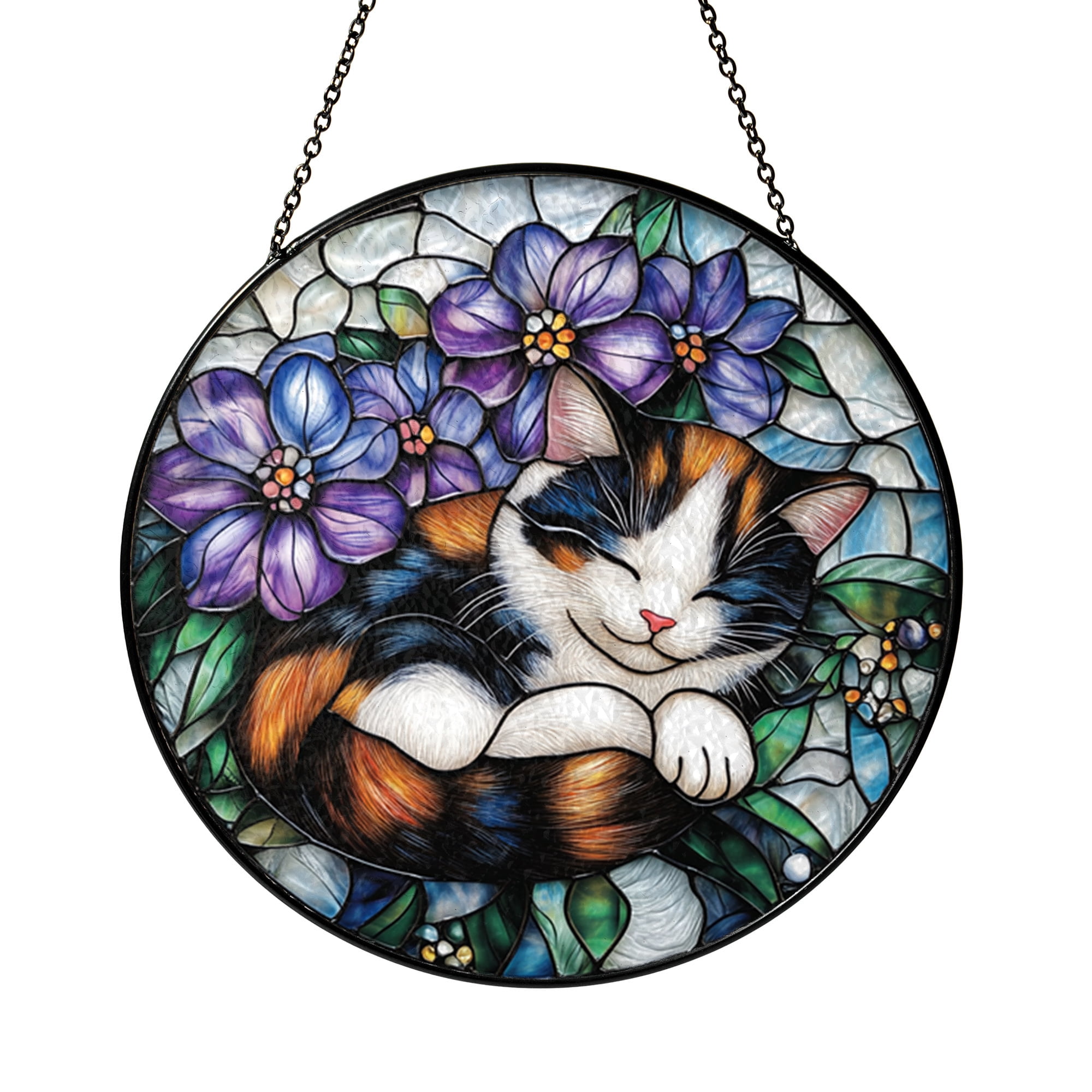Calico Cat and Morning Glory Stained Glass Suncatcher, Feline Floral ...