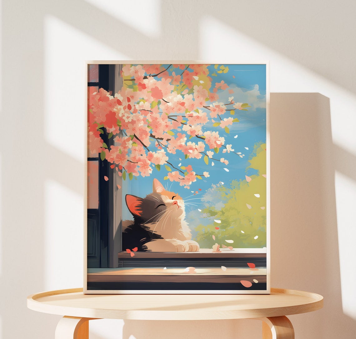 Calico Cat Poster, Sleeping Cats Print, Cherry Blossom Art, Japan Wall ...