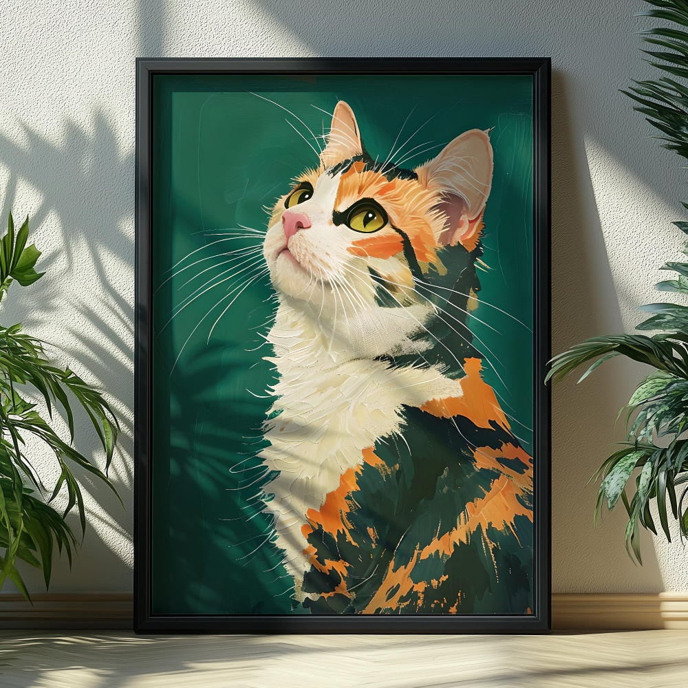 Calico Cat Poster, Vintage Emerald Green Cat Art UNFRAMED PAPER POSTER ...