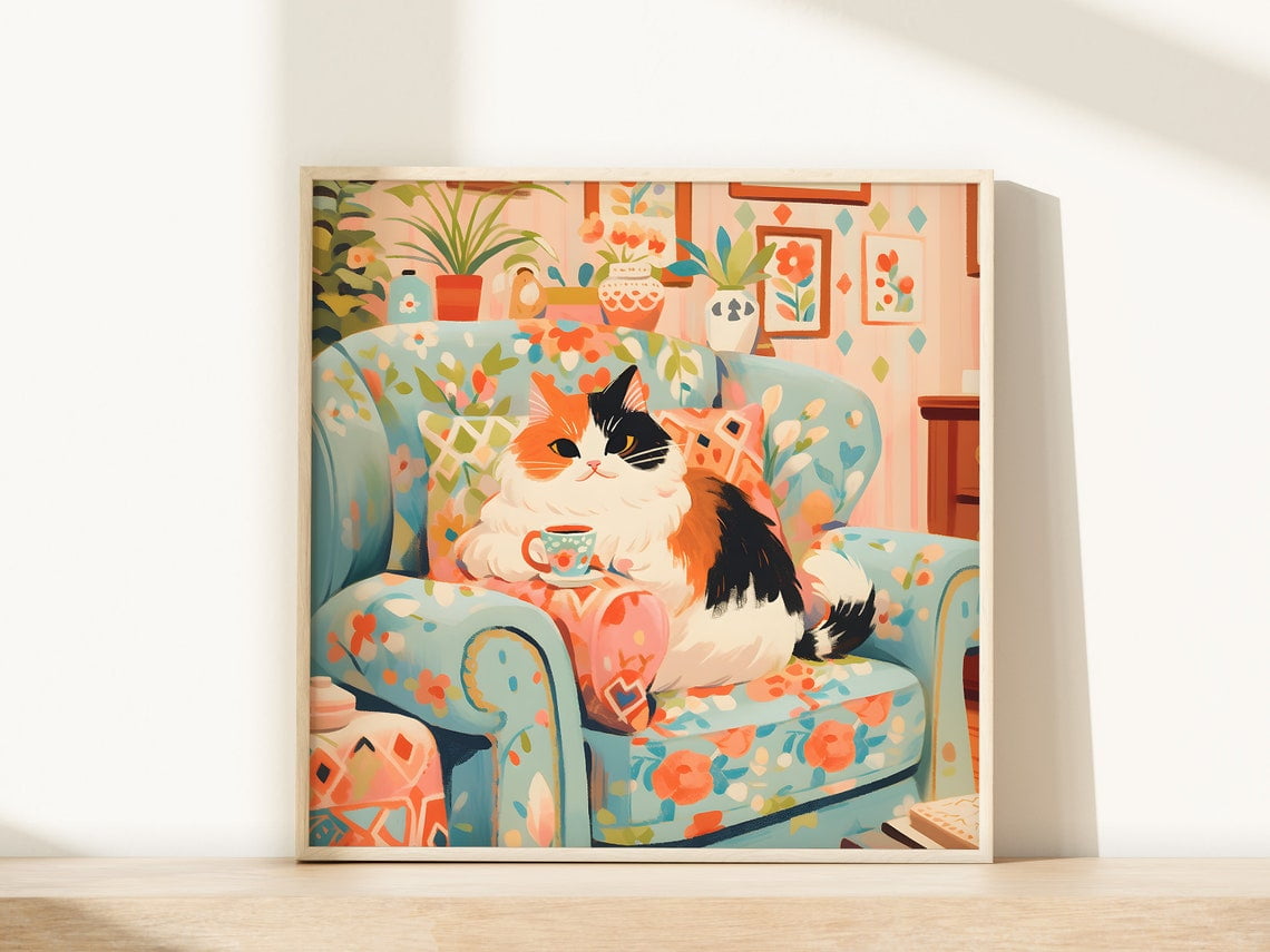 Calico Cat Prints Of Tea Of Cute Cat Poster Of Cat Gifts For Cat Lovers ...