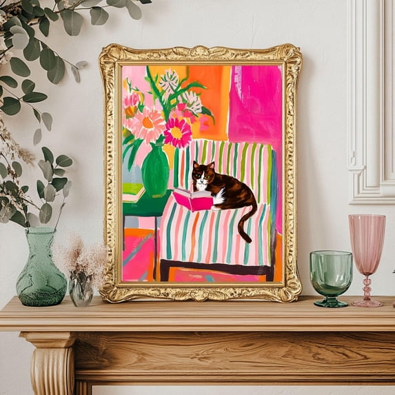 Calico Cat Reading Wall Art Print, Unframed Paper Poster 11x14in ...