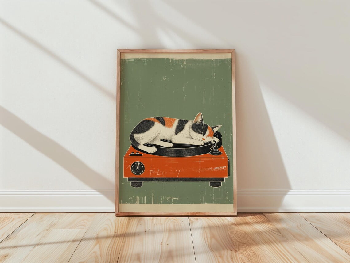 Calico Cat Record Player Vintage Wall Art Poster Unframed Paper Print ...