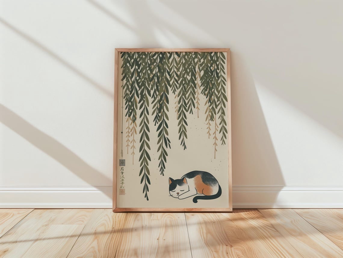 Calico Cat Sleeping Cat Minimalist Green Willow Decor For Living Room ...